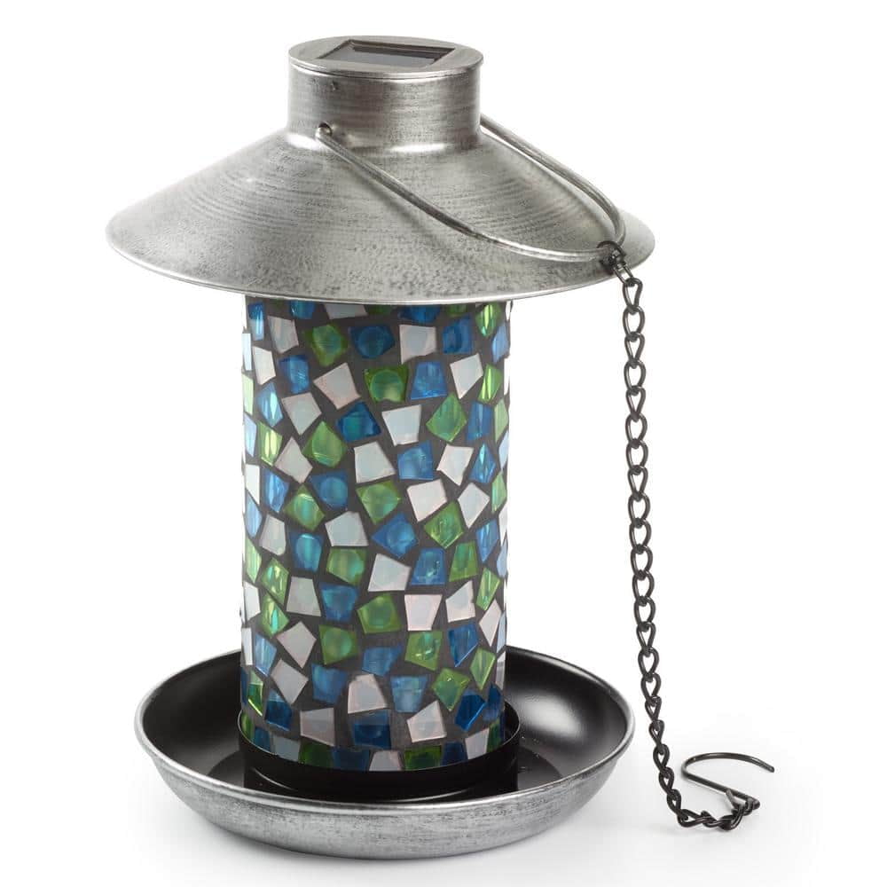 Adelie Mosaic Glass and Distressed Pewter Bird Feeder with Integrated ...