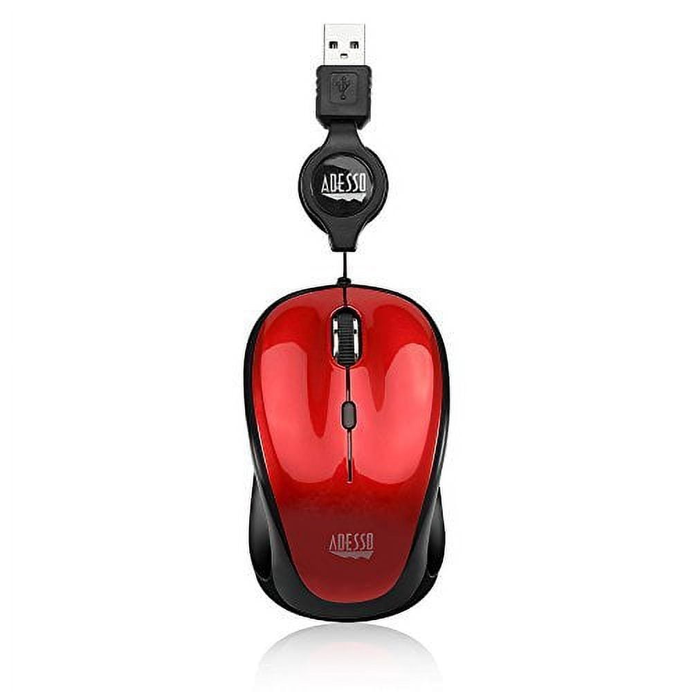 Adesso Ergonomic Optical USB Mouse, Retractable Cable, Red, 800/1200 ...