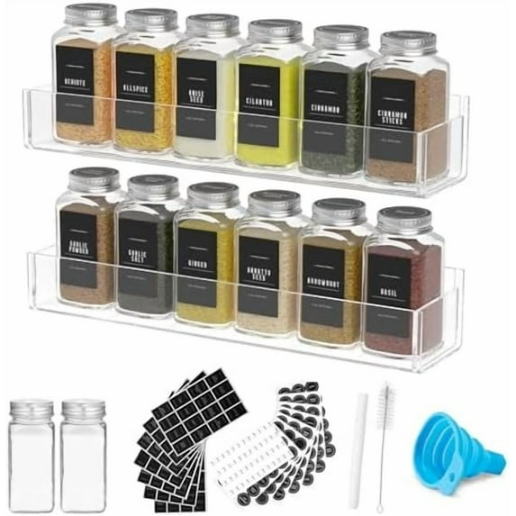 Adhesive Acrylic Spice Rack Organizer with 12 Empty Square Spice Jars ...