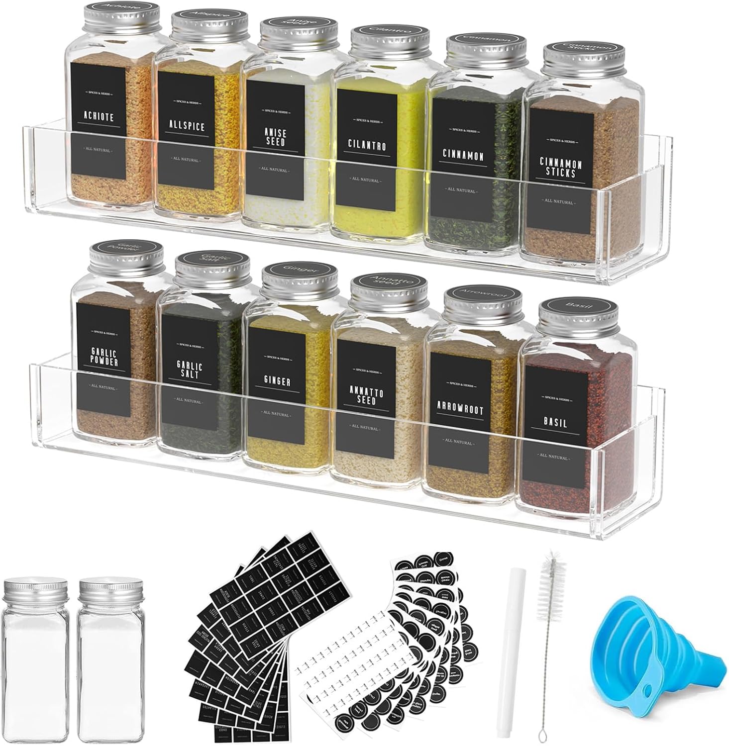 Adhesive Acrylic Spice Rack Organizer with 12 Empty Square Spice Jars ...