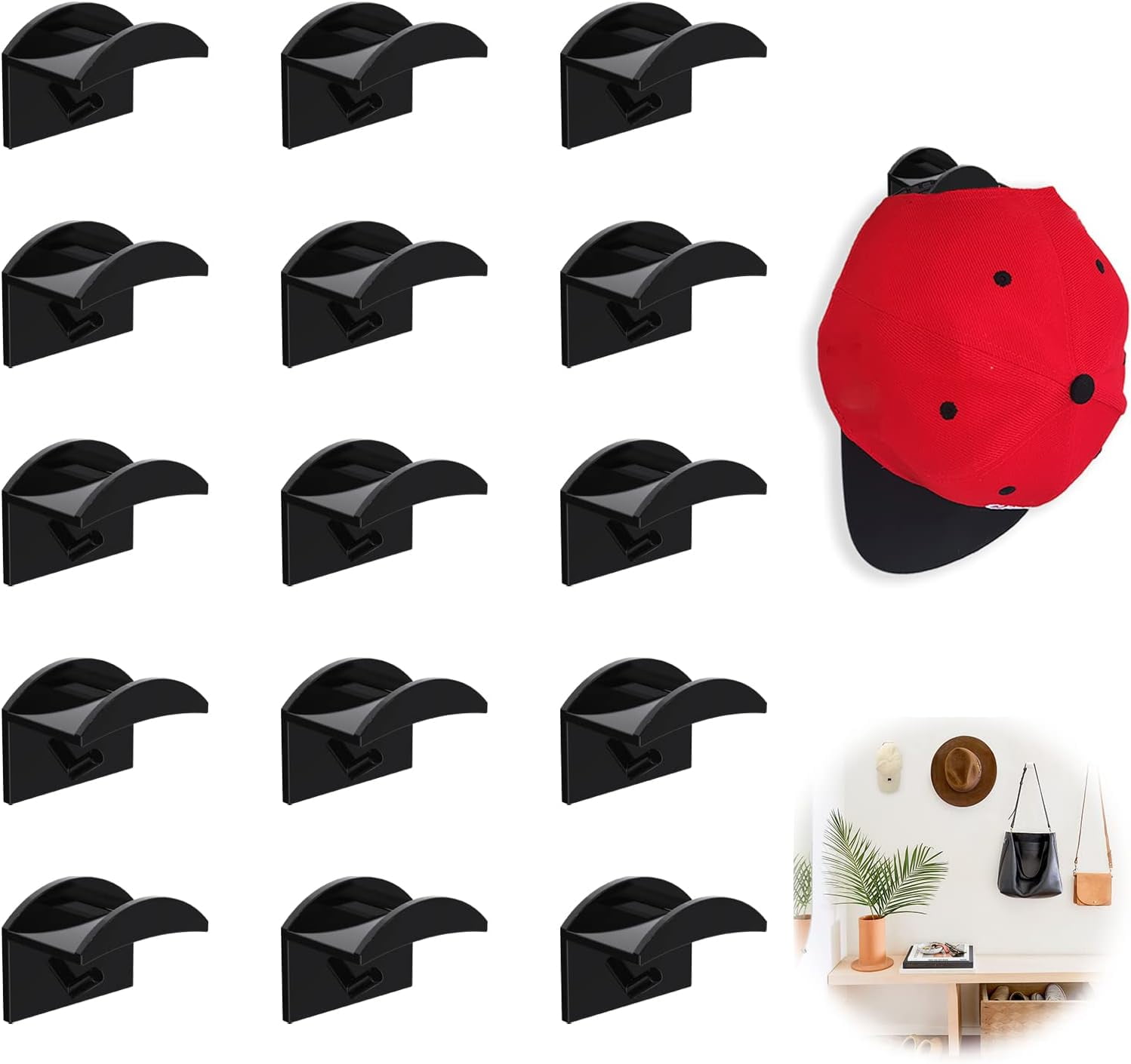 Adhesive Hat Hooks, 15 Pcs Adhesive Wall Hat Hooks, Wall Hat Holder ...