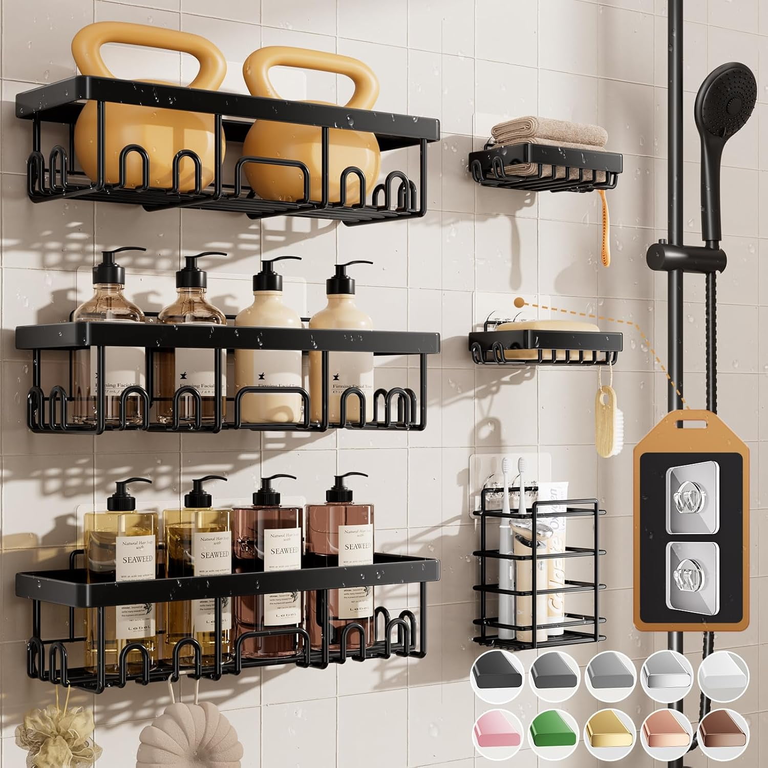 Adhesive Shower Caddy 5-Pack,Heavy Weight Bearing,Large Wall Mounted ...