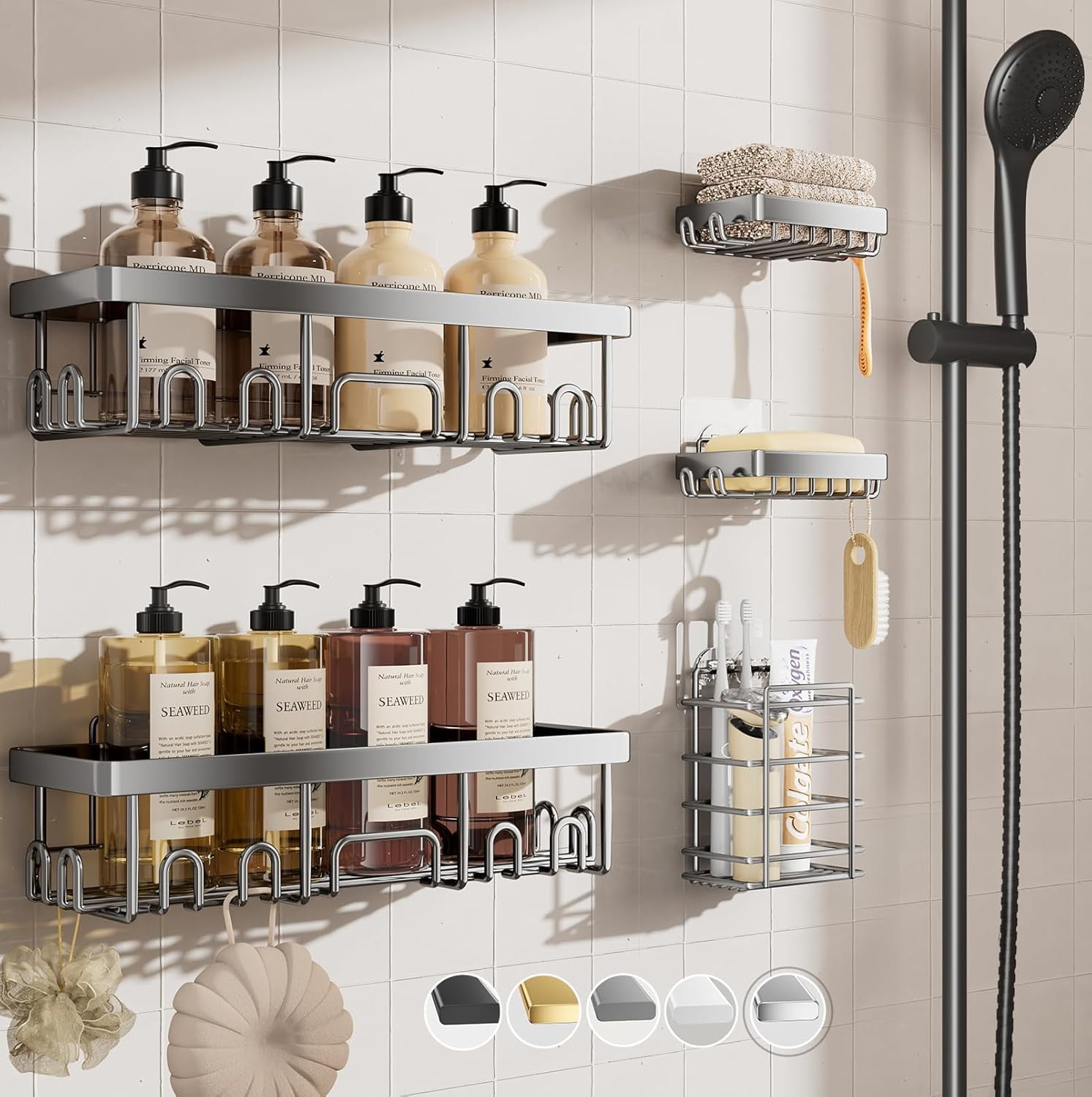 Adhesive Shower Caddy 5-Pack,Heavy Weight Bearing,Large Wall Mounted ...