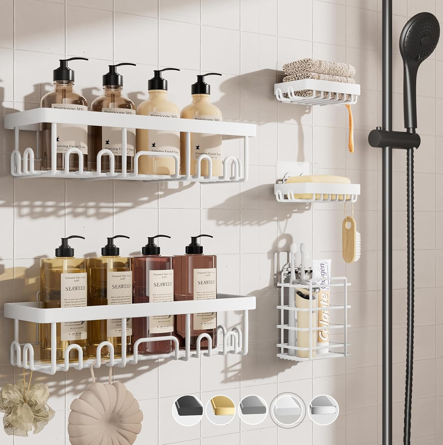 Adhesive Shower Caddy 5-Pack,Heavy Weight Bearing,Large Wall Mounted ...