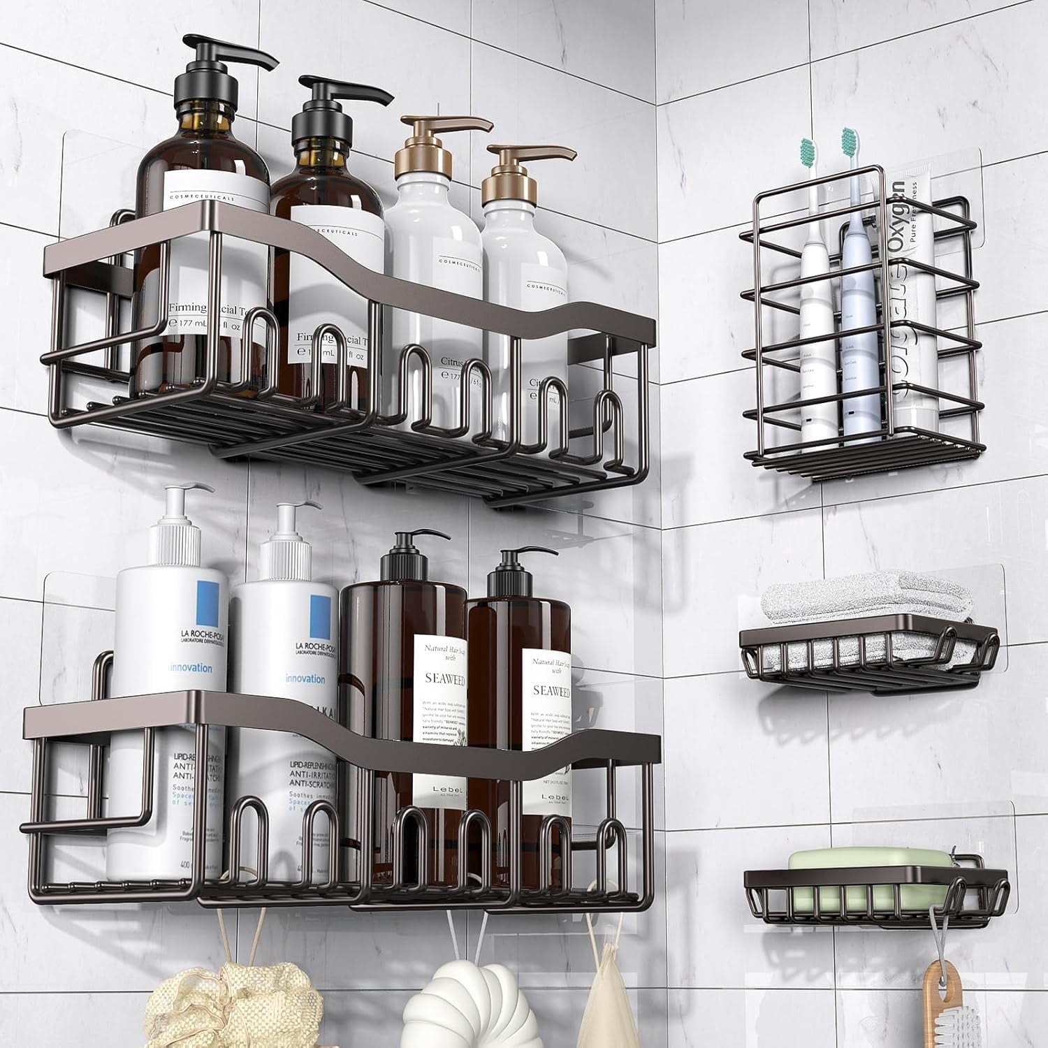 Adhesive Shower Caddy 6 Count, No Drilling Wall-Mounted Rustproof 5 ...