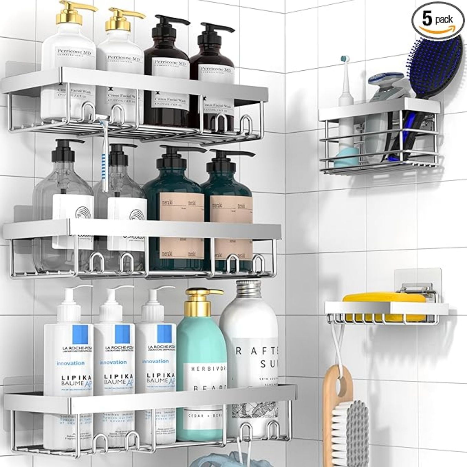 Adhesive Shower Caddy Organizer Shelves Rack - 5 Pack Corner Bathroom ...