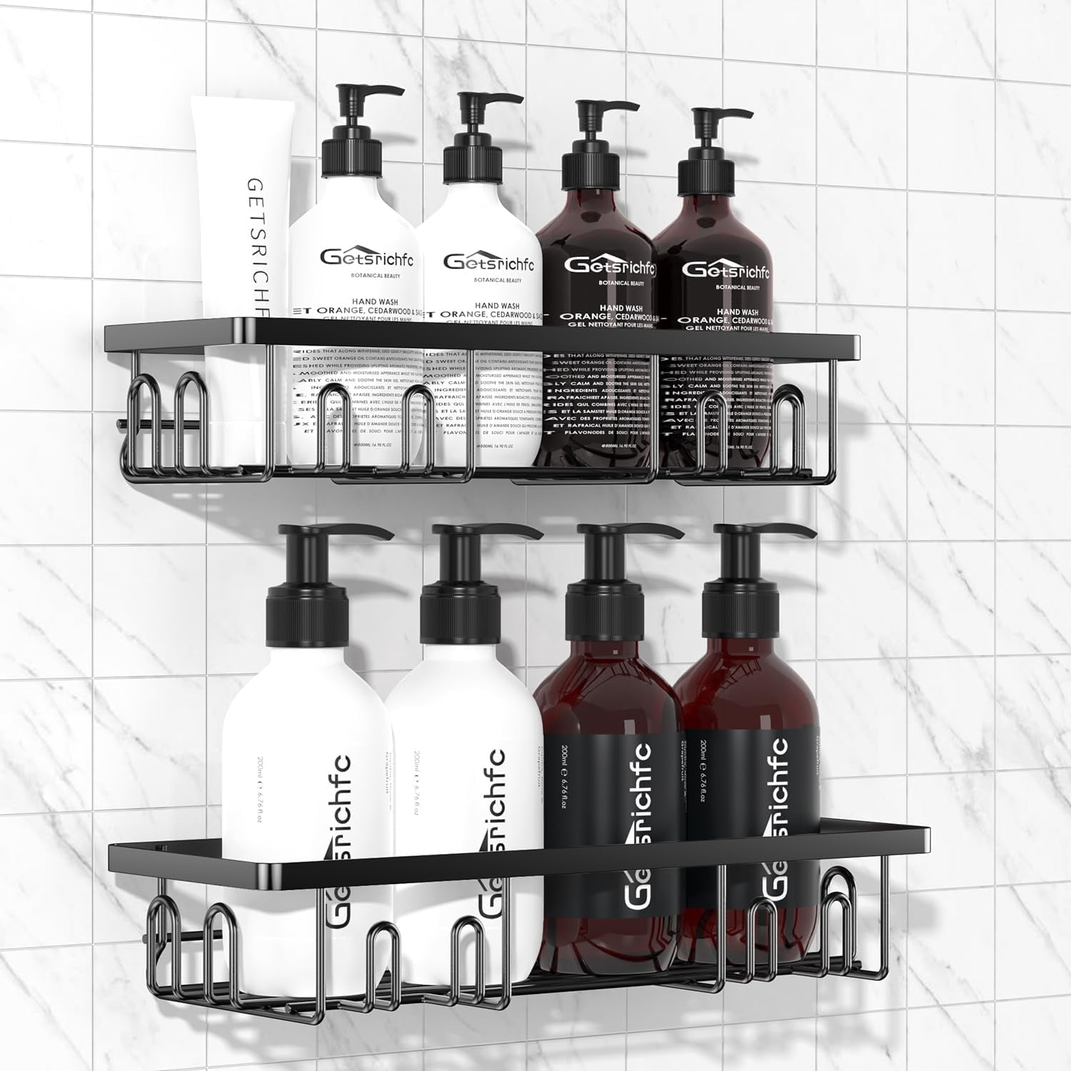 Adhesive Shower Caddy, Shower Shelves with 16 Hooks, Rustproof Shelf ...