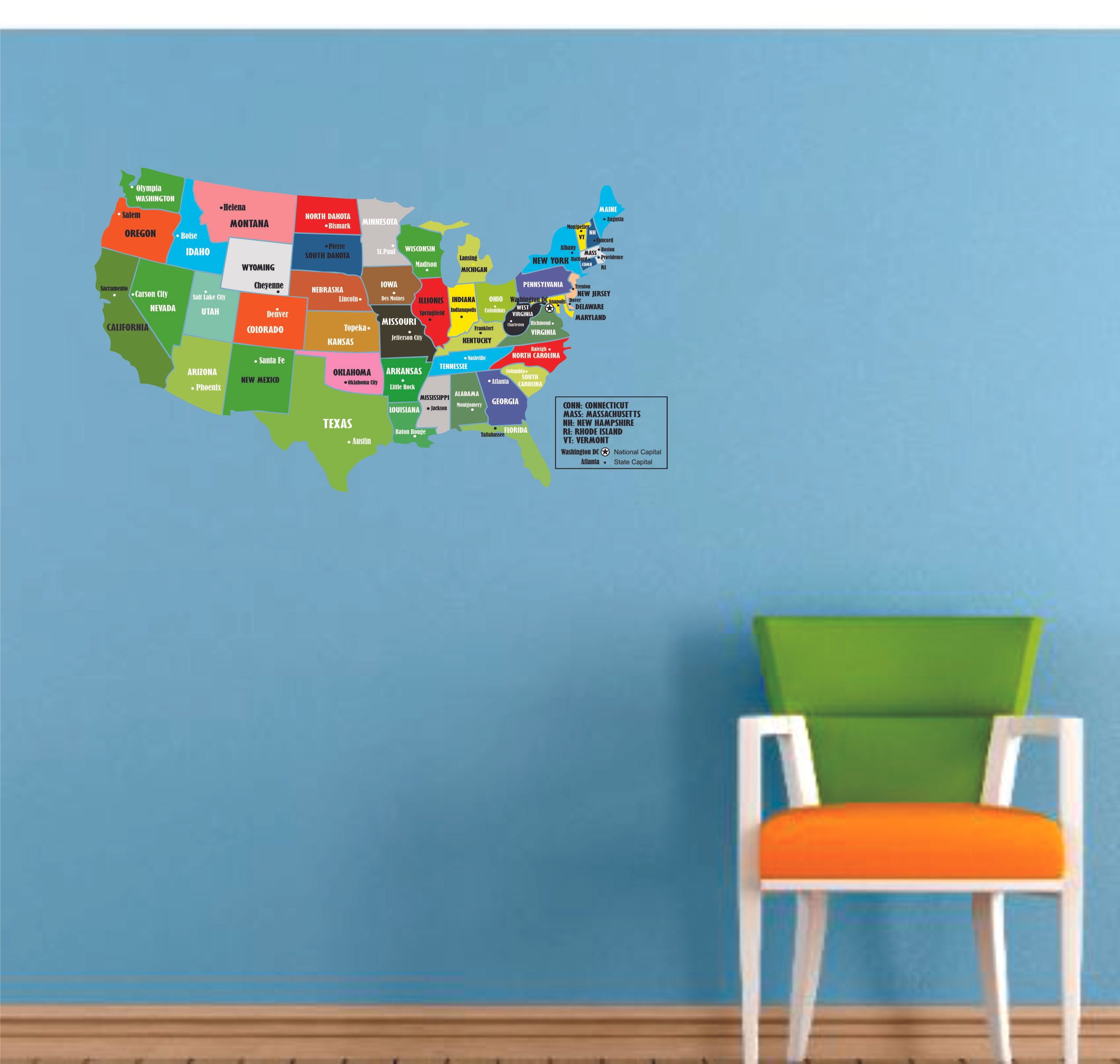 Adhesive USA Geographical Map Illustration Decor Multicolored States ...