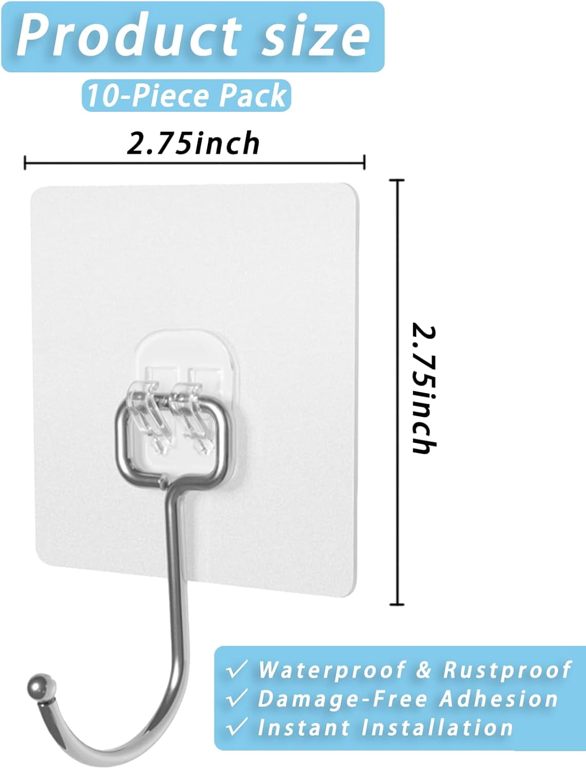 Adhesive Wall Hooks 10-Pack 60lb Heavy Duty - Waterproof Rustproof ...