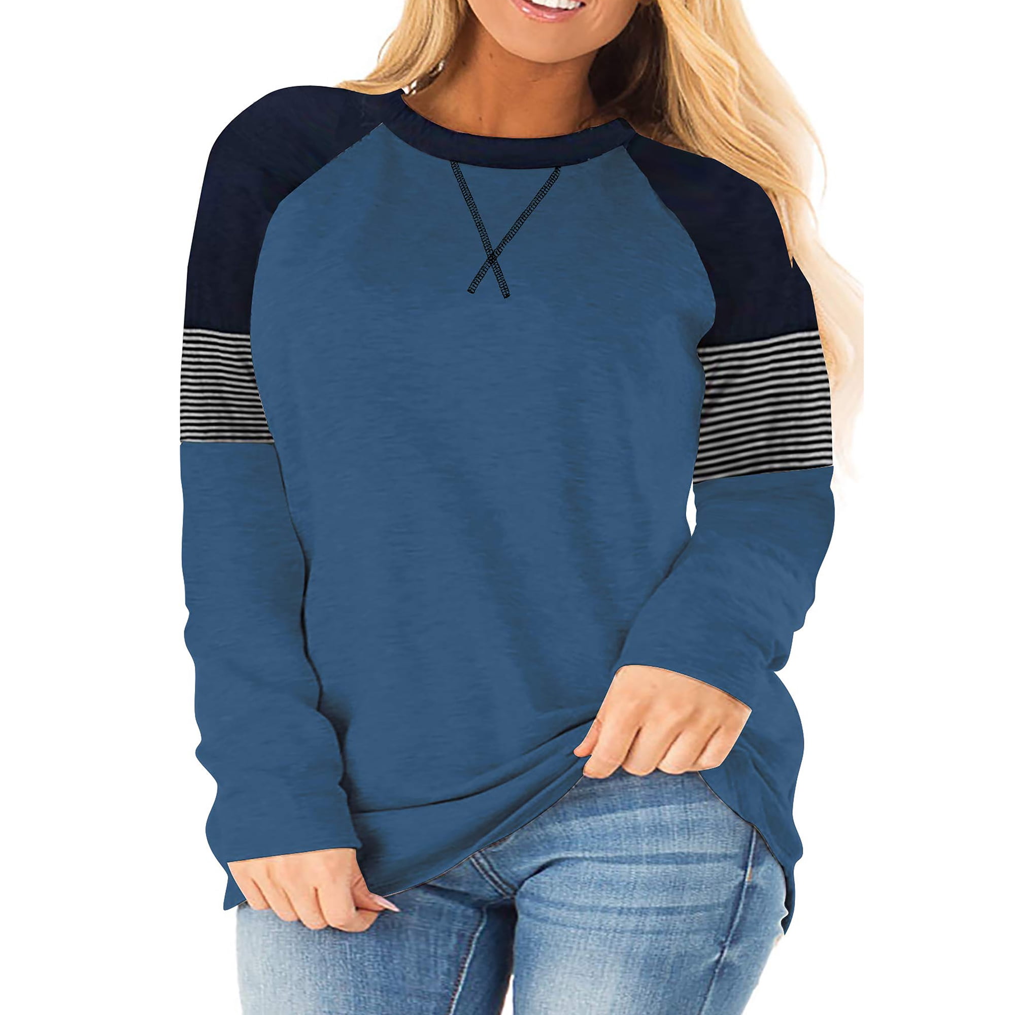 Adibosy Plus-Size Tops for Women Raglan Long Sleeve Color Block Striped ...