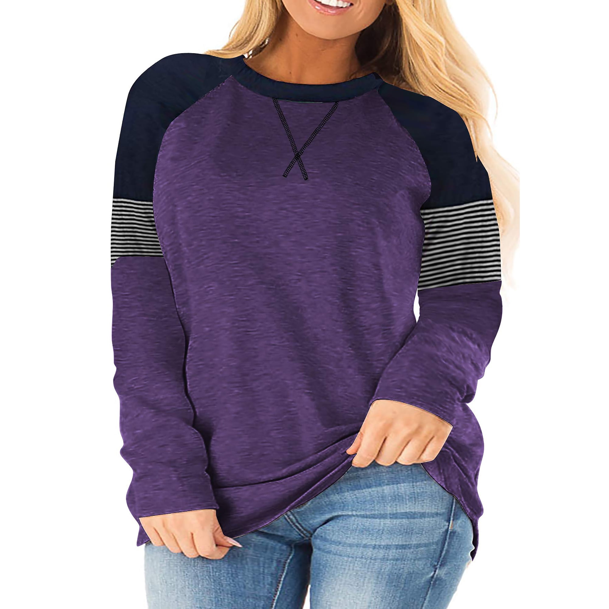 Adibosy Plus-Size Tops for Women Raglan Long Sleeve Color Block Striped ...