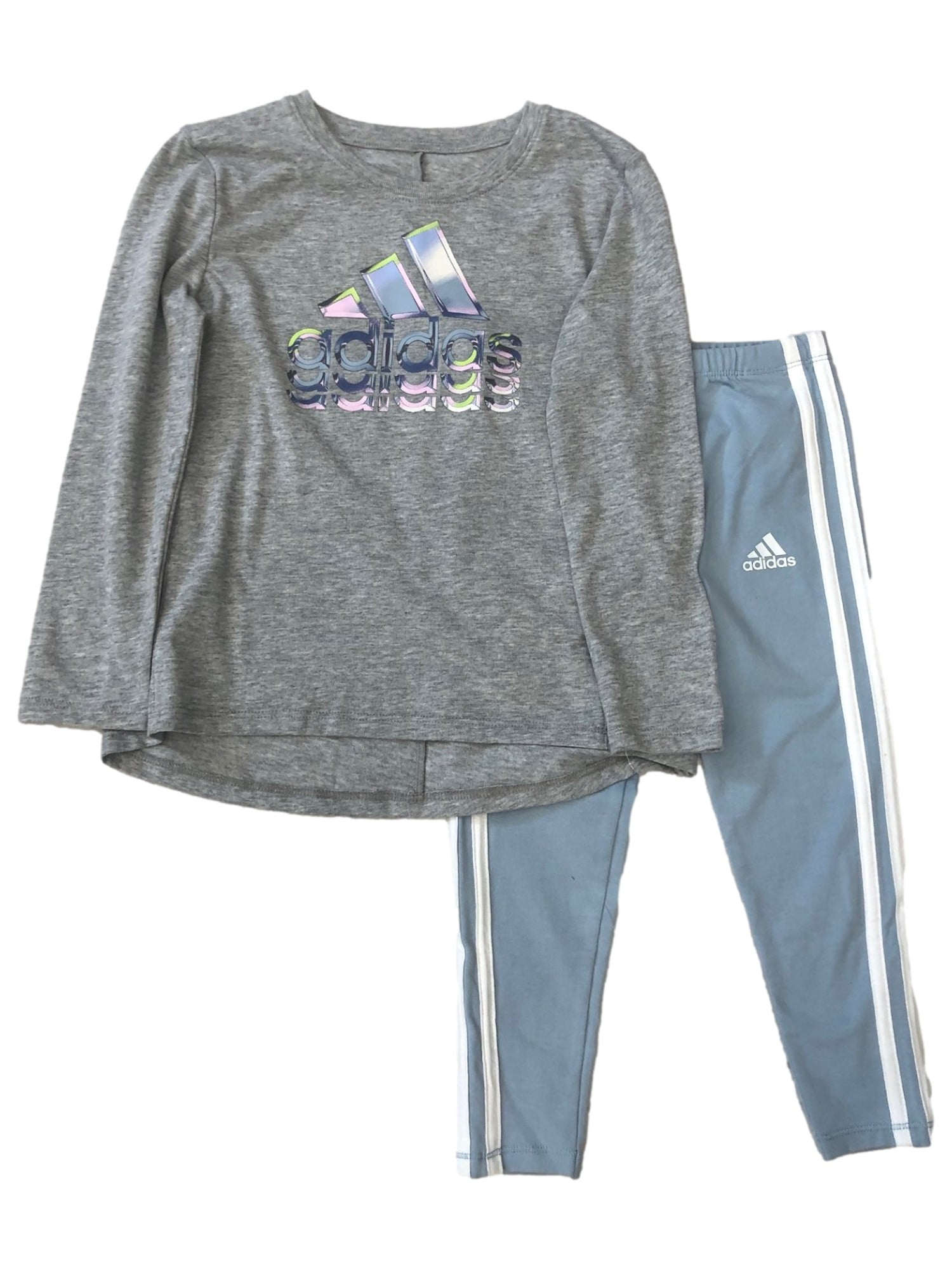 Adidas Girls 2pc Outfit Long Gray Tee Shirt & Blue Athletic Pants Set 4 ...