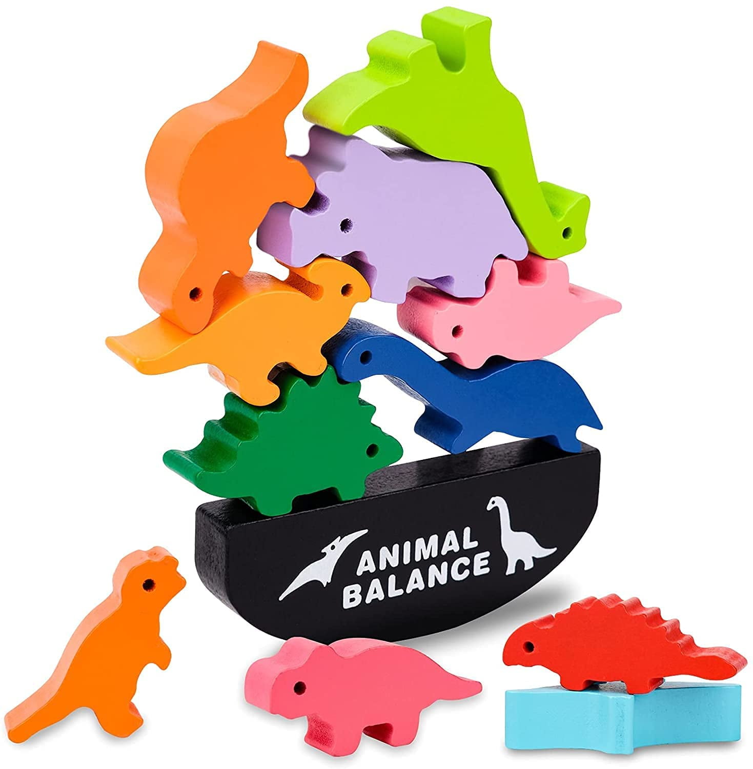 Adifare 11Pcs Montessori Wooden Dinosaur&Animal Stacking Blocks Balance ...