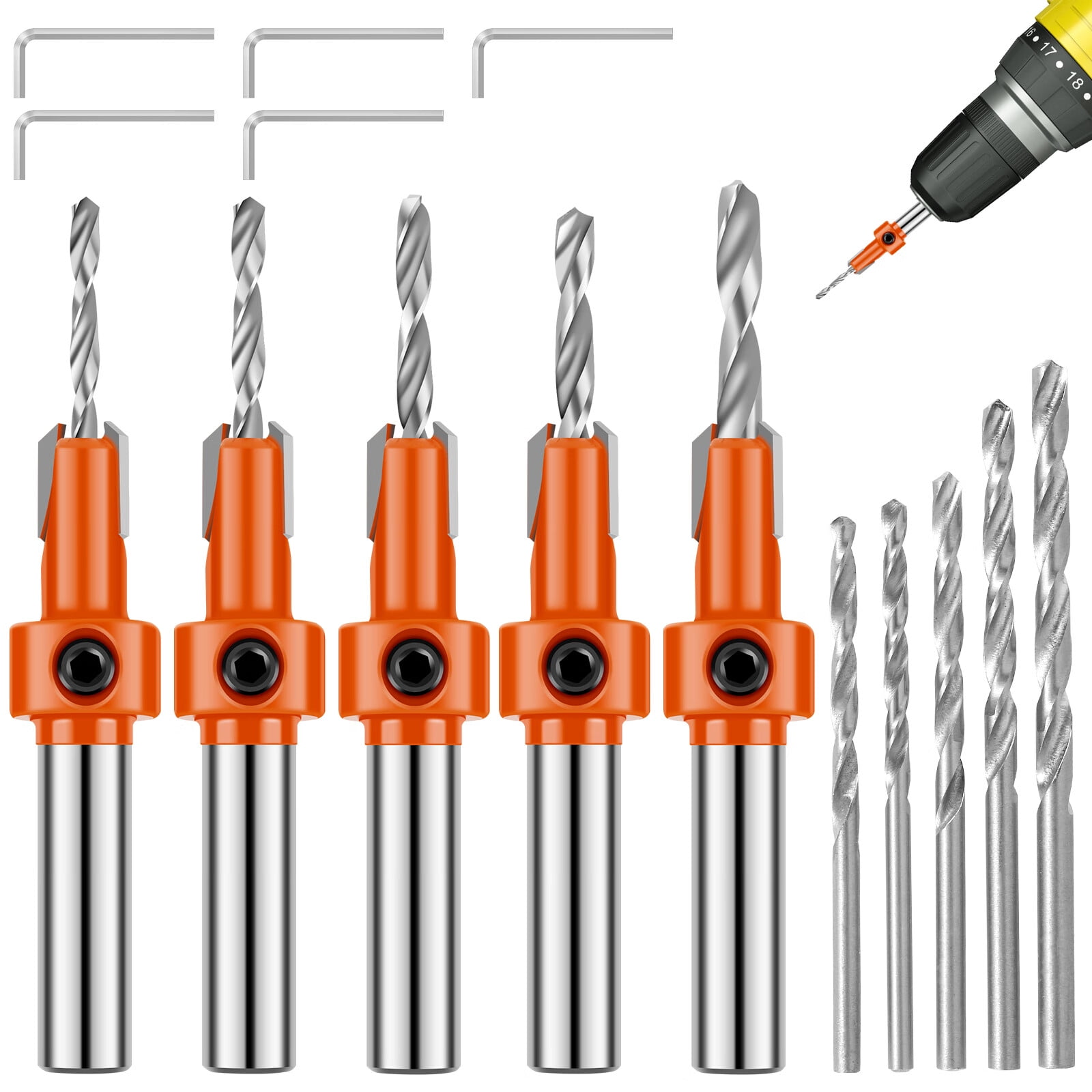 Adifare 15Pcs Countersink Drill Bit Set Steel Tapered Drill Bits with 5 ...