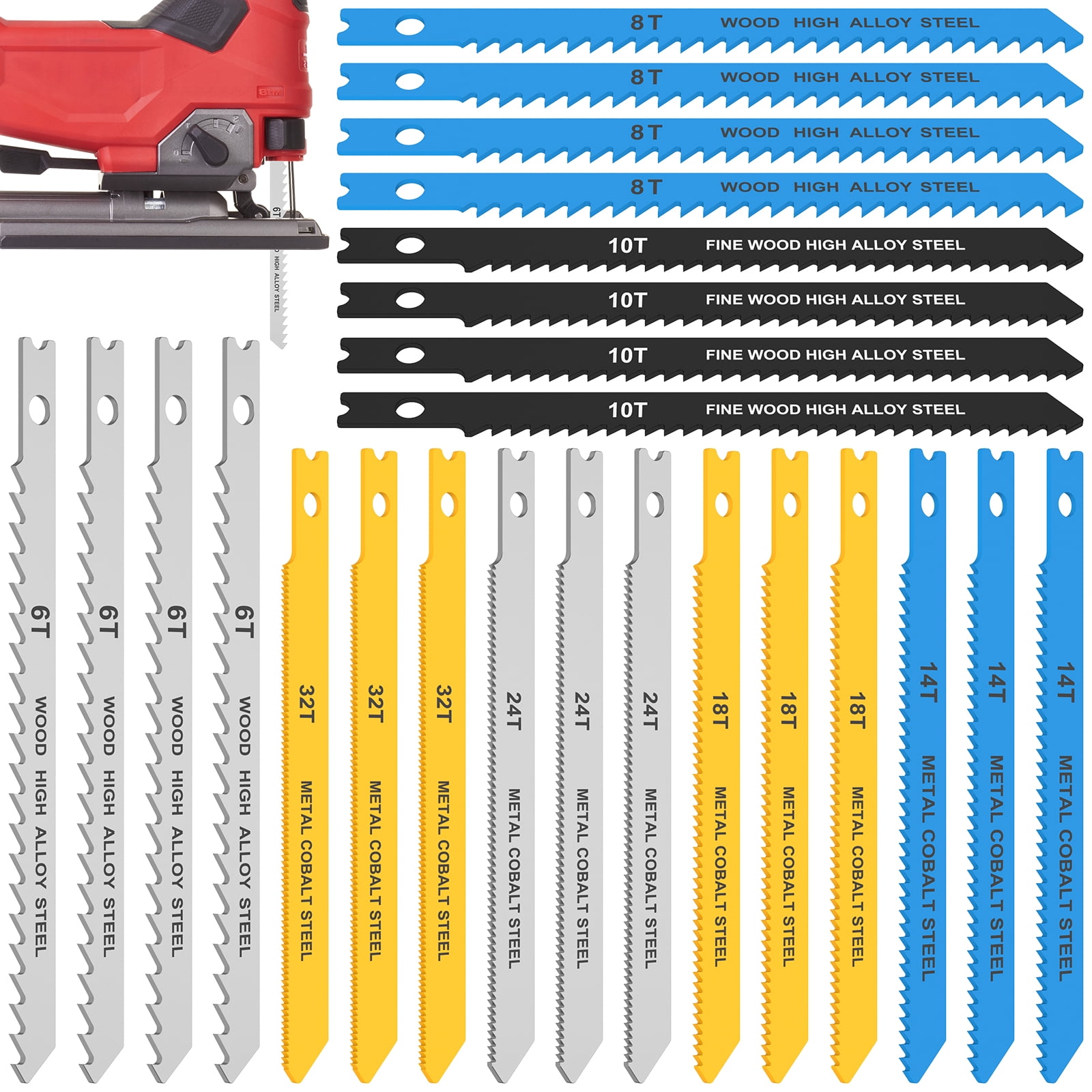 Adifare 24Pcs Jig Saw Blade Set High Carbon Steel Assorted Saw Blades ...