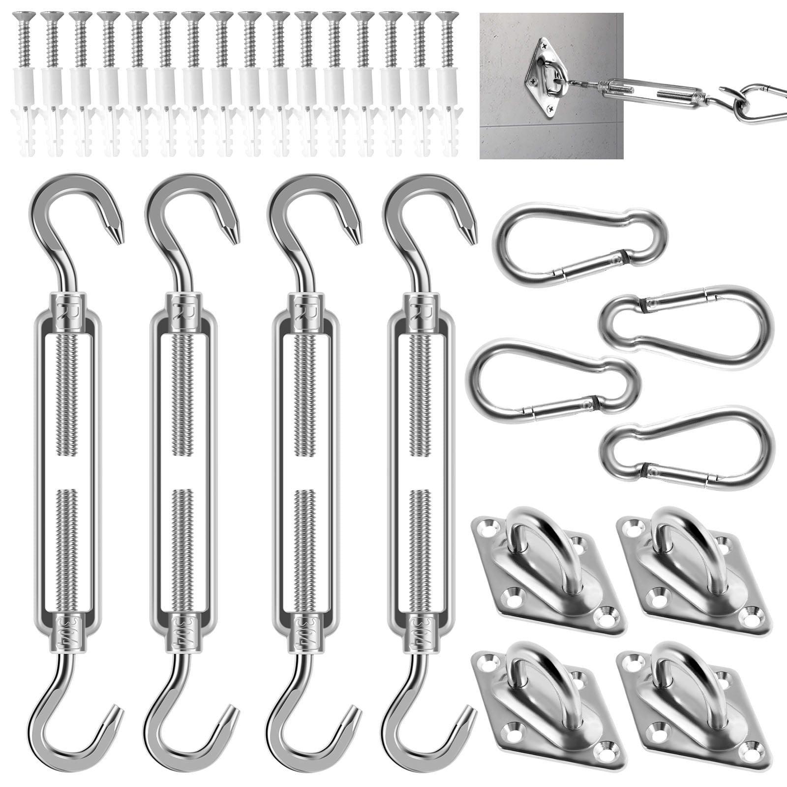 Adifare 44Pcs Shade Sail Hardware Kit 304 Stainless Steel M6 Awning Fixing Installation Kit ...
