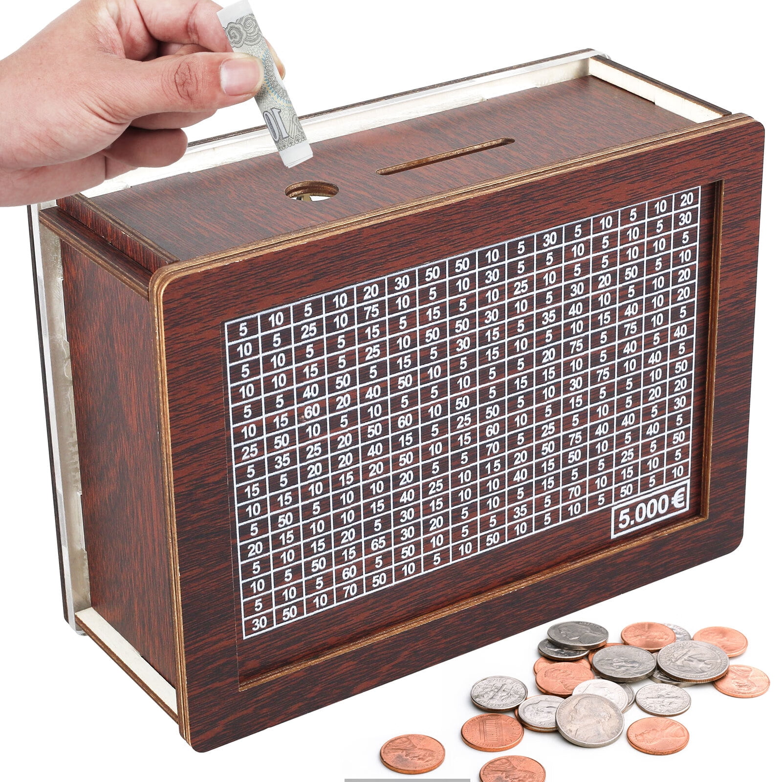 Adifare Piggy Bank Wooden Money Box with 5000 Euro Saving Target Retro ...