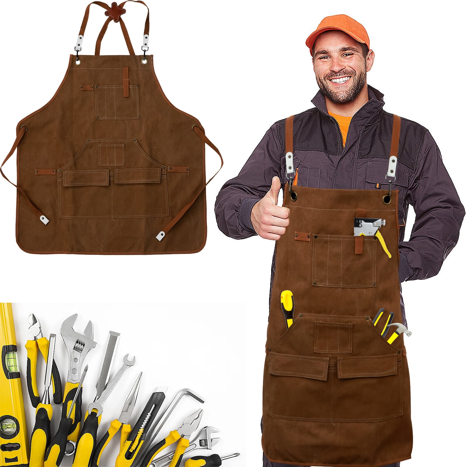 Adifare Woodworking Apron with 10 Tool Pockets Heavy Duty Work Apron Waterproof Canvas Workshop ...
