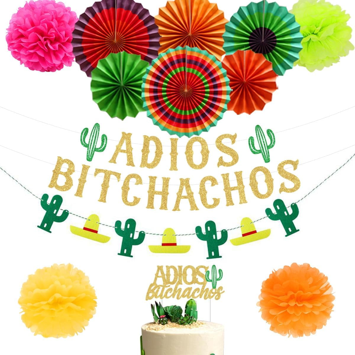 Adios Bitchachos Decorations Banner Cake Topper Paper Fan Pom Poms for ...
