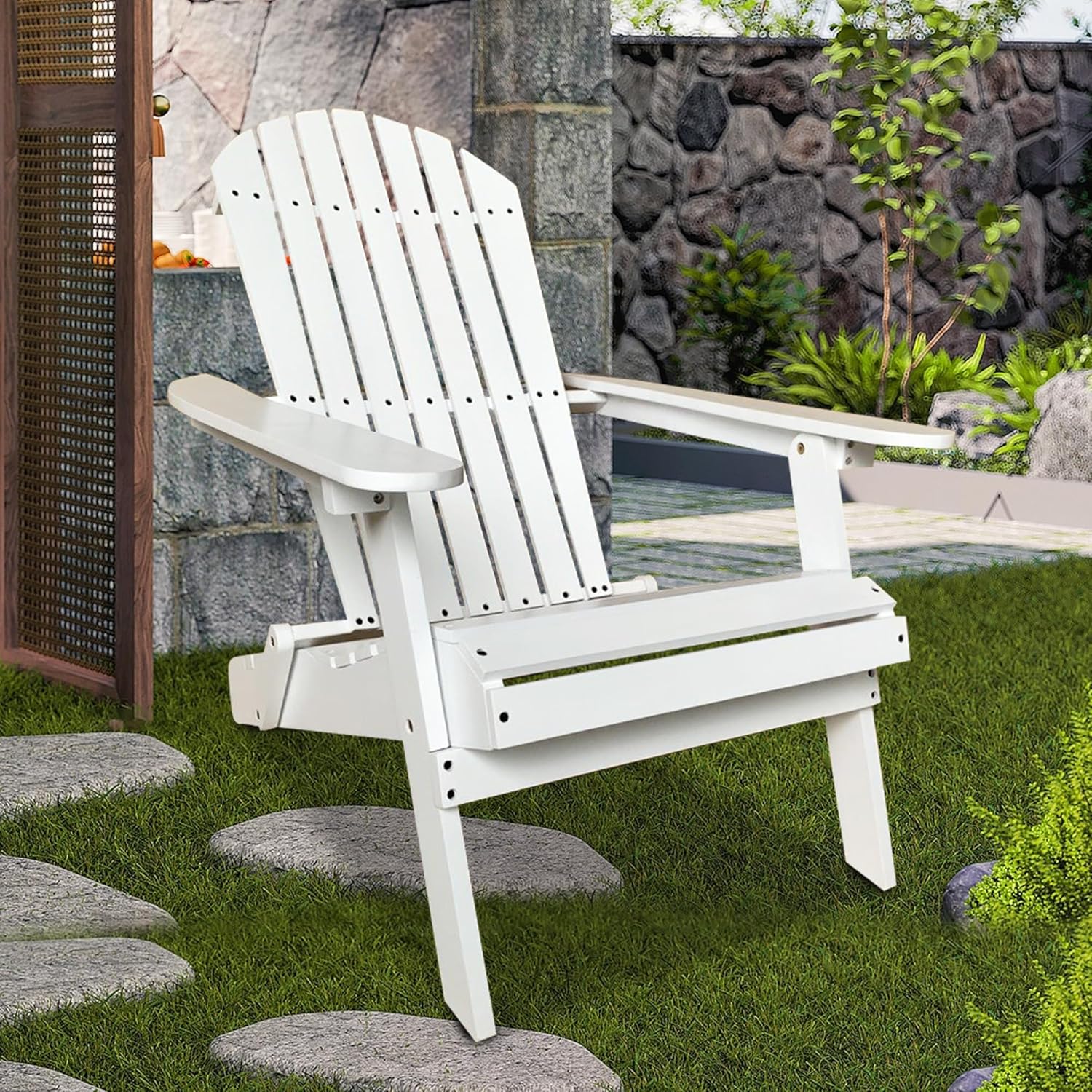 Adirondack Foldable Wood Chair for Adults, Outdoor Patio and Lawn ...