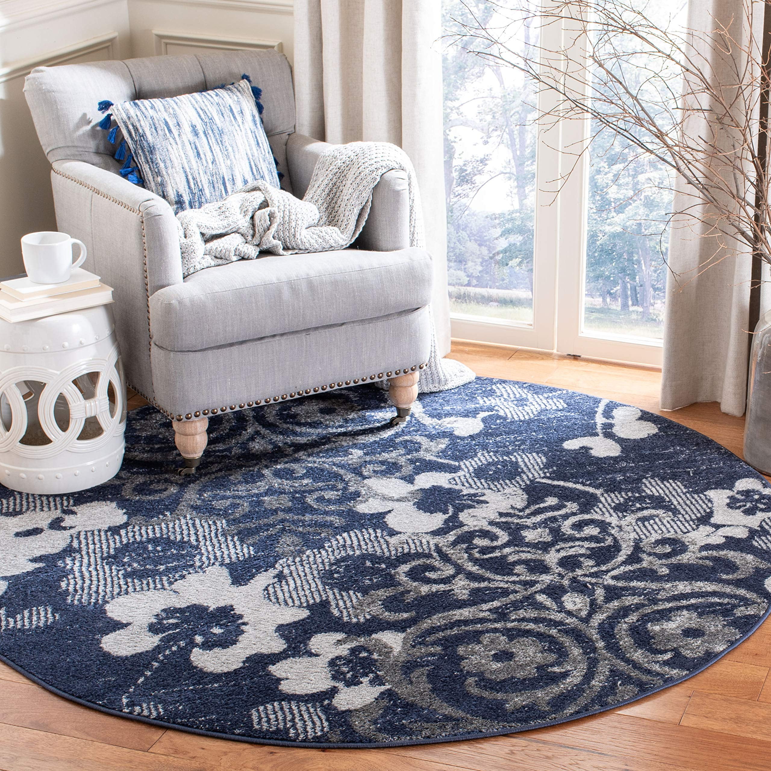 Adirondack Collection 6' Round Navy / Silver ADR114N Floral Glam Damask ...