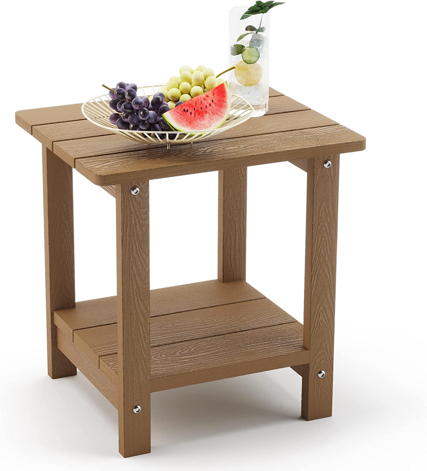 Outdoor Side Table, 2-Tier Brown HDPS Patio End Table Weather Resistant ...