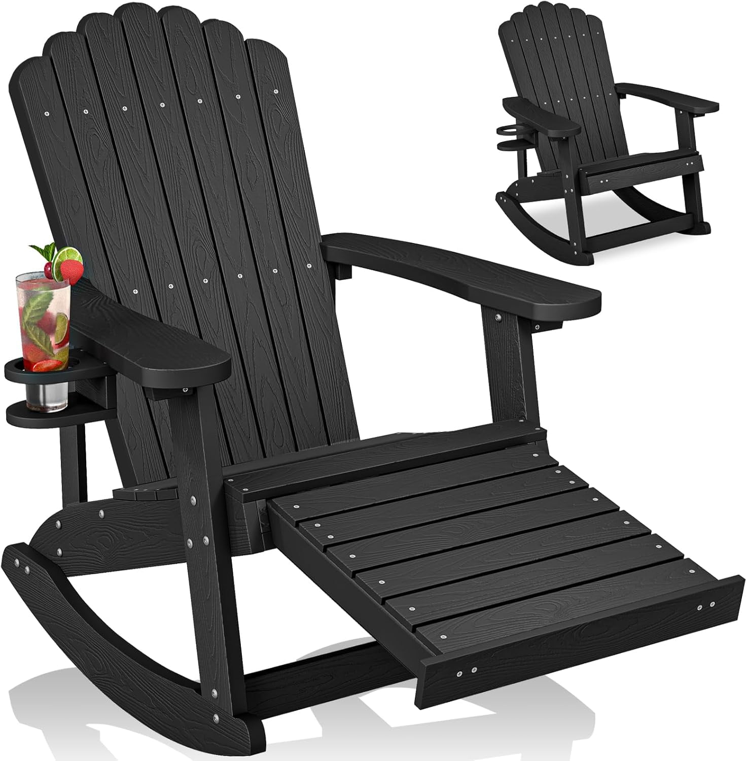Adirondack Rocking Chair Outdoor with Retractable Ottoman and Cup ...