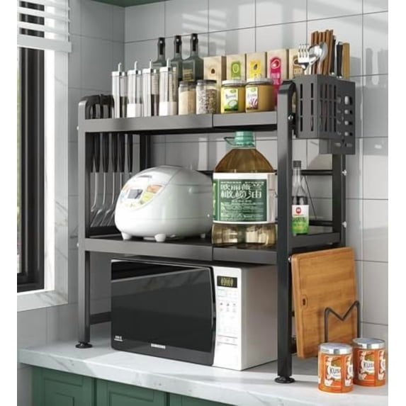 Adjustable 2-Tier Microwave Oven Shelf Rack – Expandable Metal Kitchen ...