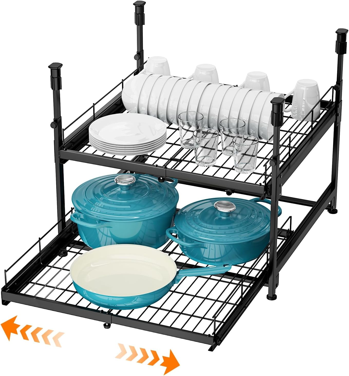 Adjustable 2-Tier Pull-Out Cabinet Organizer, Expandable 13"-21" Wide, No-Drill Kitchen Cabinet ...