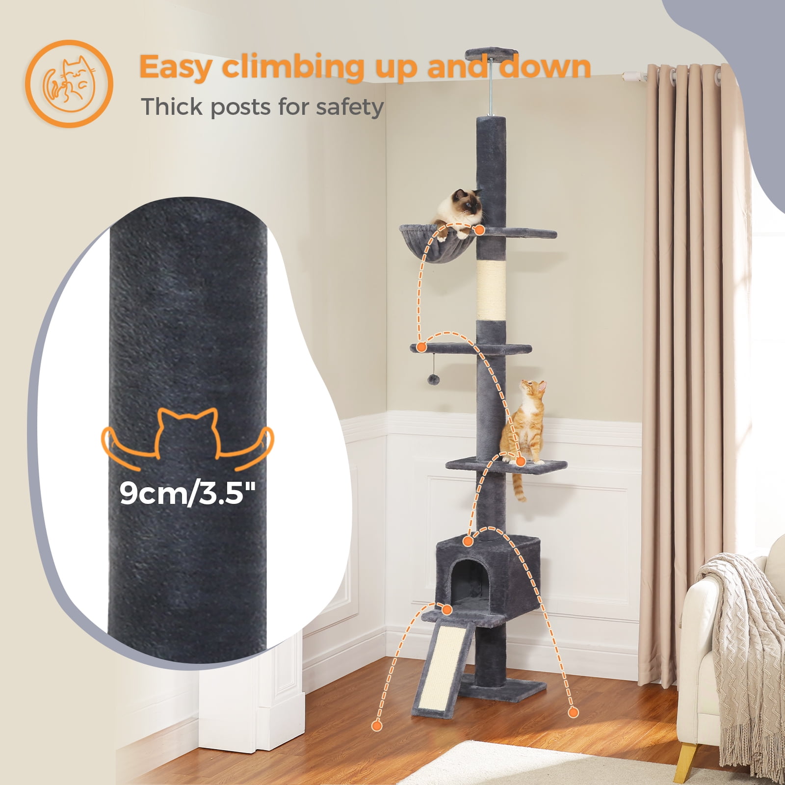 Adjustable 210-274CM Floor to Ceiling Cat Tree Tower 5 Tiers Climbing Tree for Indoor Cats with ...