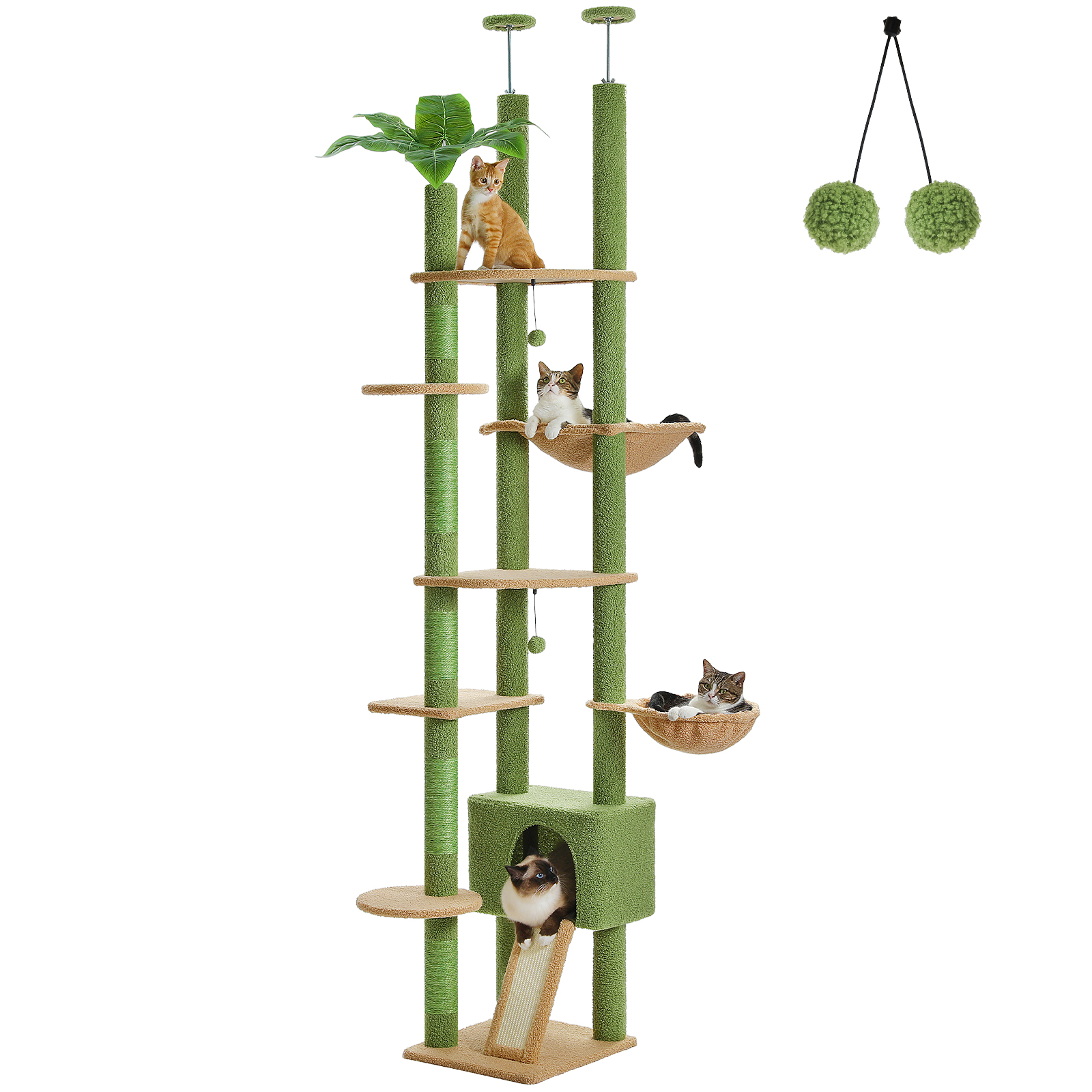 Adjustable 230-252cm Cat Tree, Floor to Ceiling Cat Condo, Hanging Ball ...