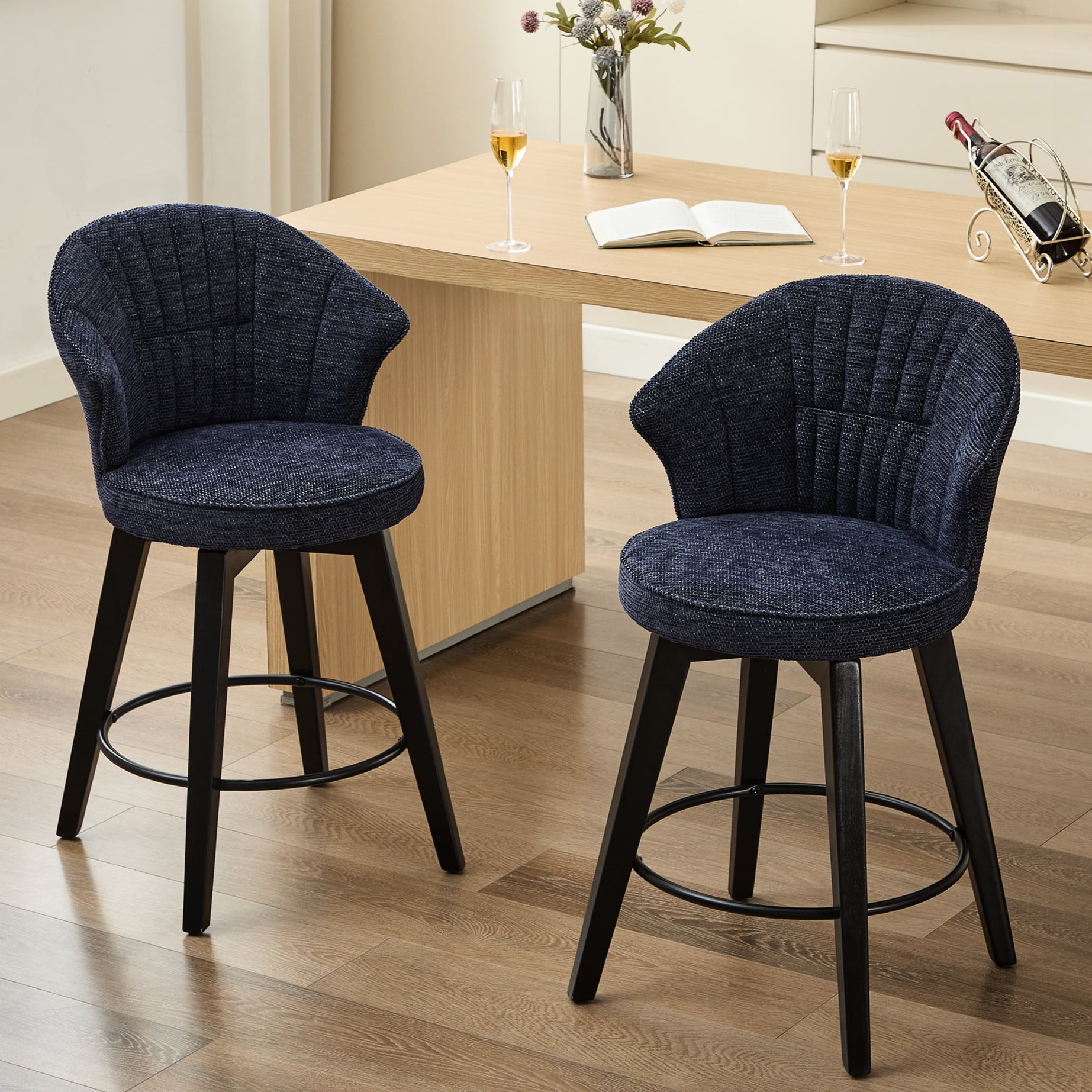 Adjustable 25" Counter Height Wing Back Bar Stools Of 2, Blue Chenille ...