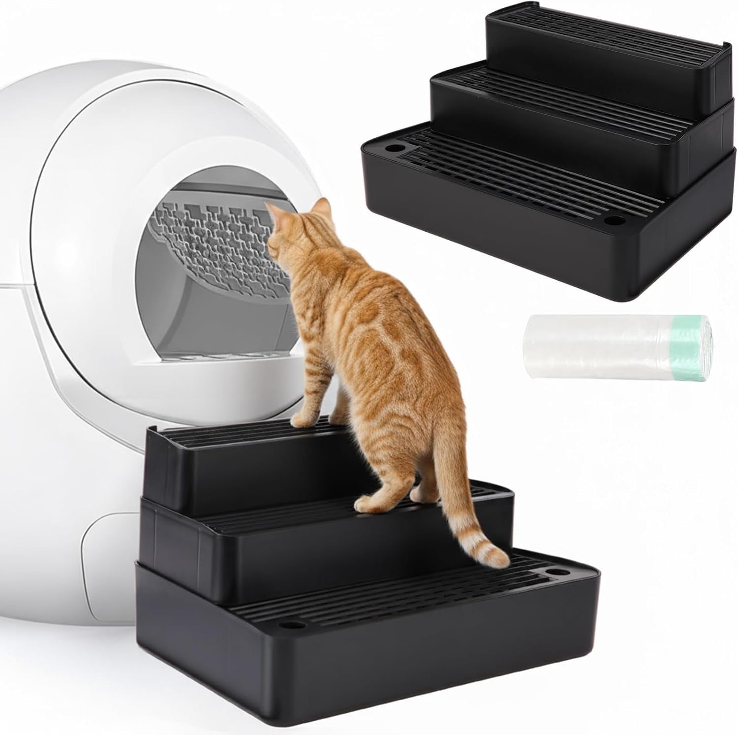 Adjustable 3 Steps Litter Box Ramp with 20 Waste Bags Pet Steps for ...