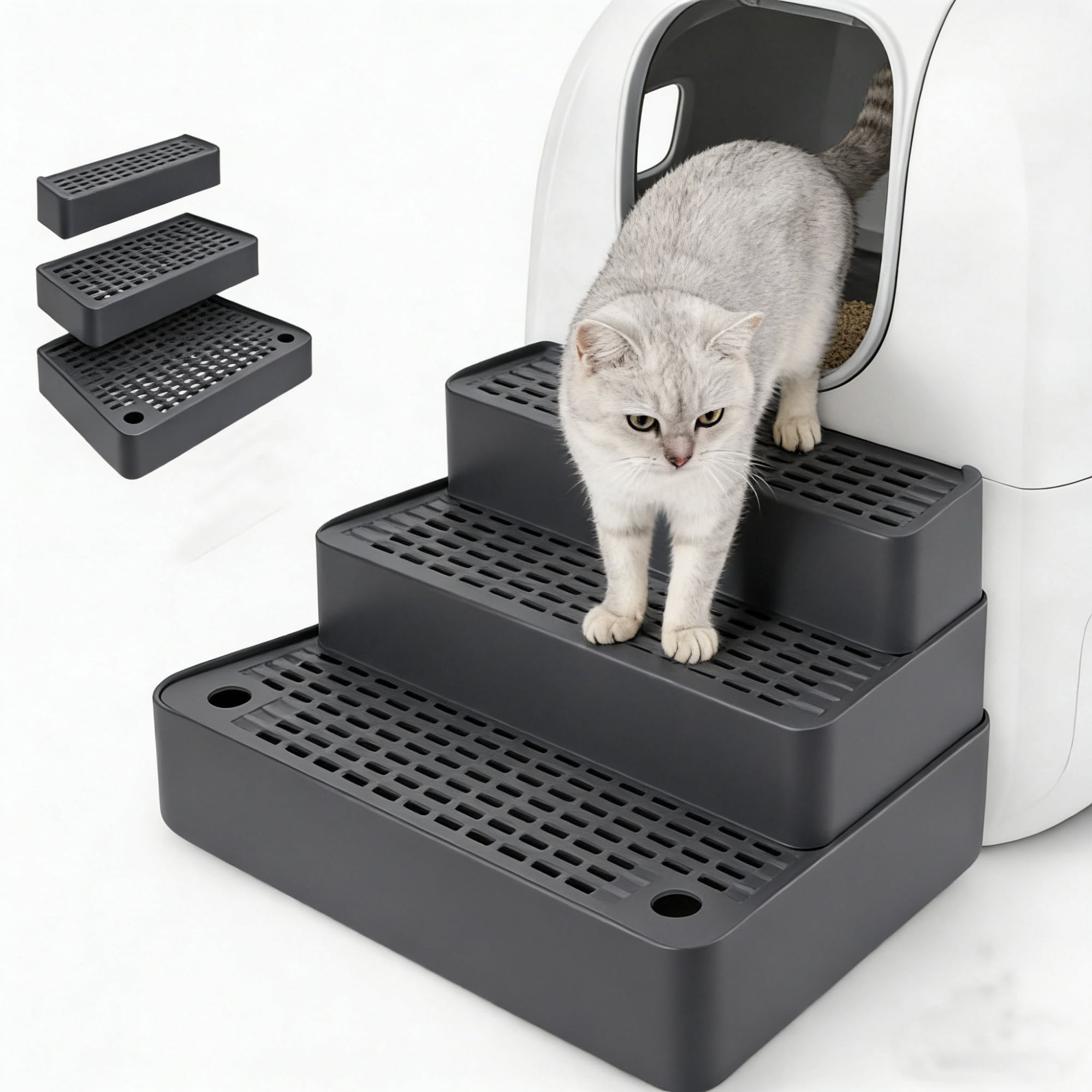 Adjustable 3 Steps Litter Box Ramp with Detachable Litter Trapper,Non ...