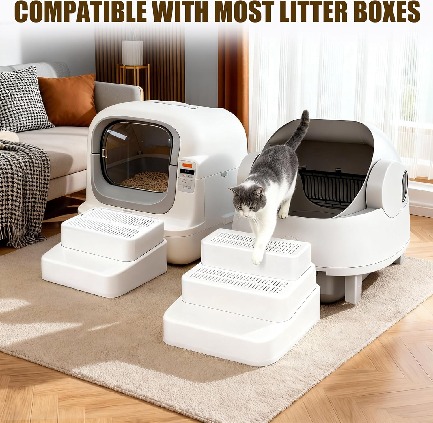 Adjustable 3 Steps Litter Box Ramp with Litter Mat, Cat Litter Box Step ...