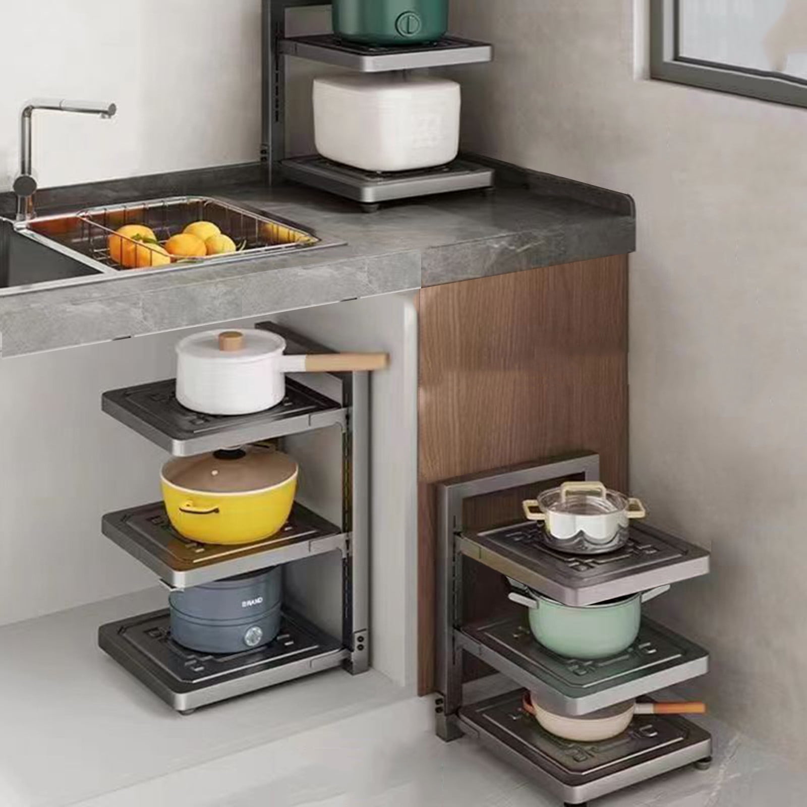 Adjustable 3 Tier Pot Rack, Carbon Steel Kitchen Organizer, Space ...