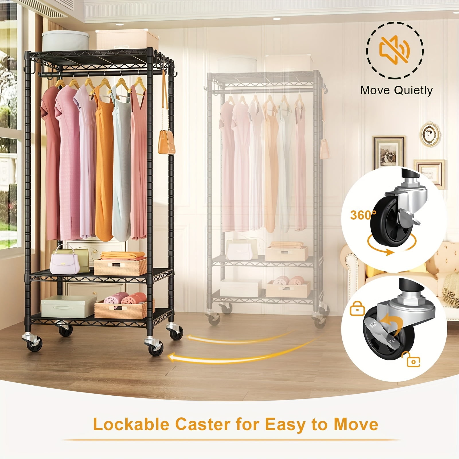 Adjustable 3-Tier Rolling Clothing Rack - Carbon Steel Frame 450lbs ...