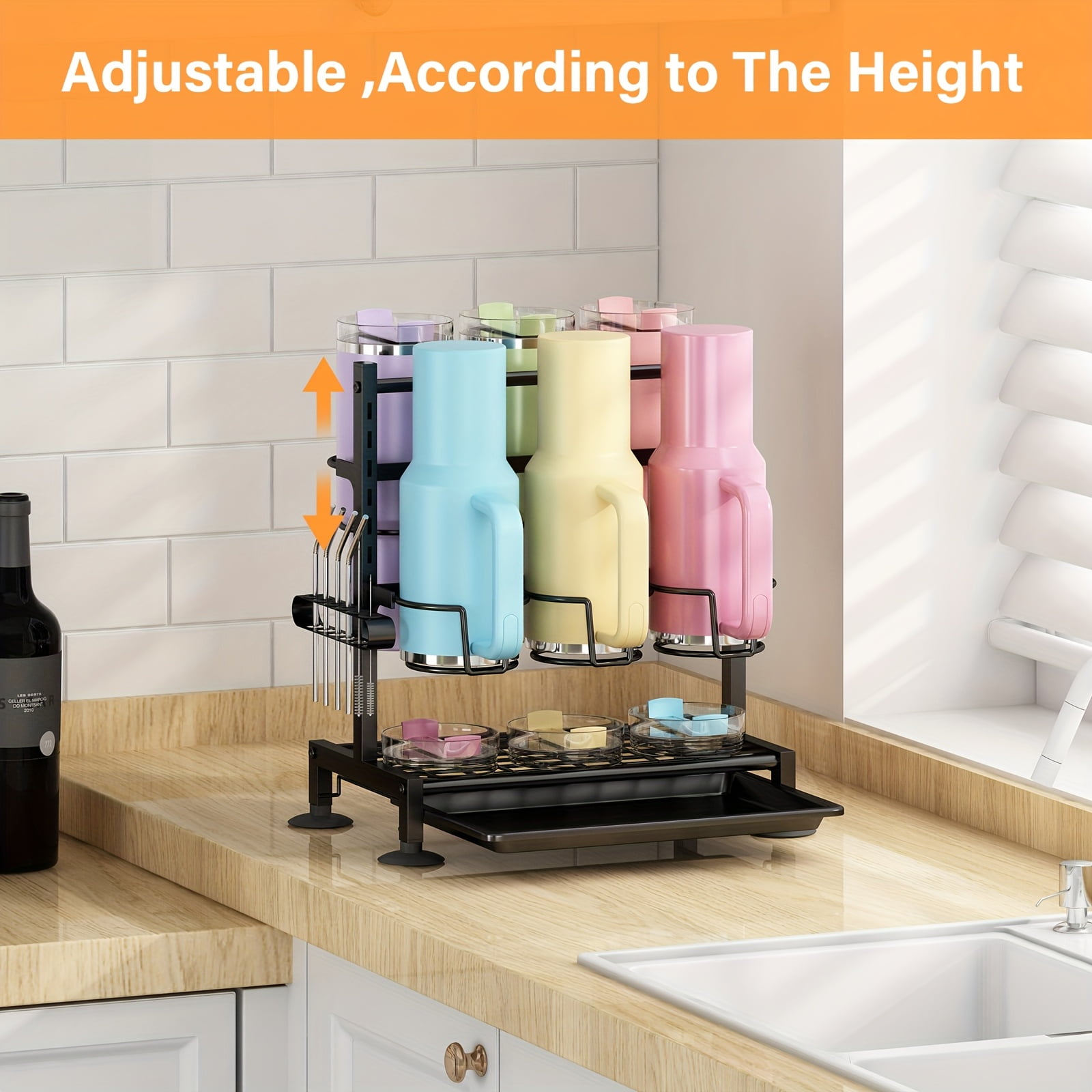 Adjustable 40oz Cup Holder, Water Bottle Organizer Rack For Kitchen ...