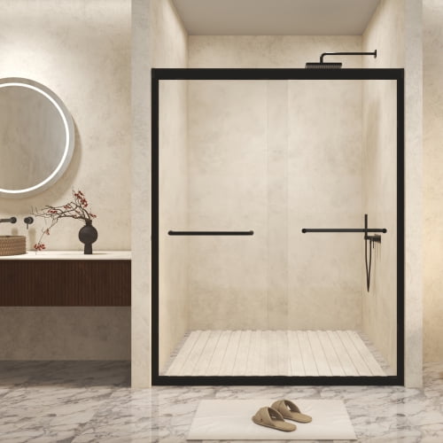 Adjustable 56-60" x 72" Matte Black Sliding Shower Door, Double Glass ...