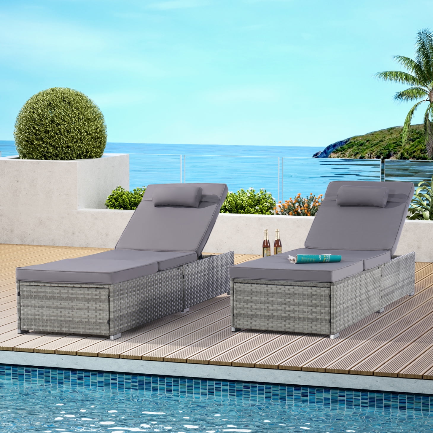 Adjustable 6-Position Chaise Lounge Set of 2, Weather-Resistant Wicker ...