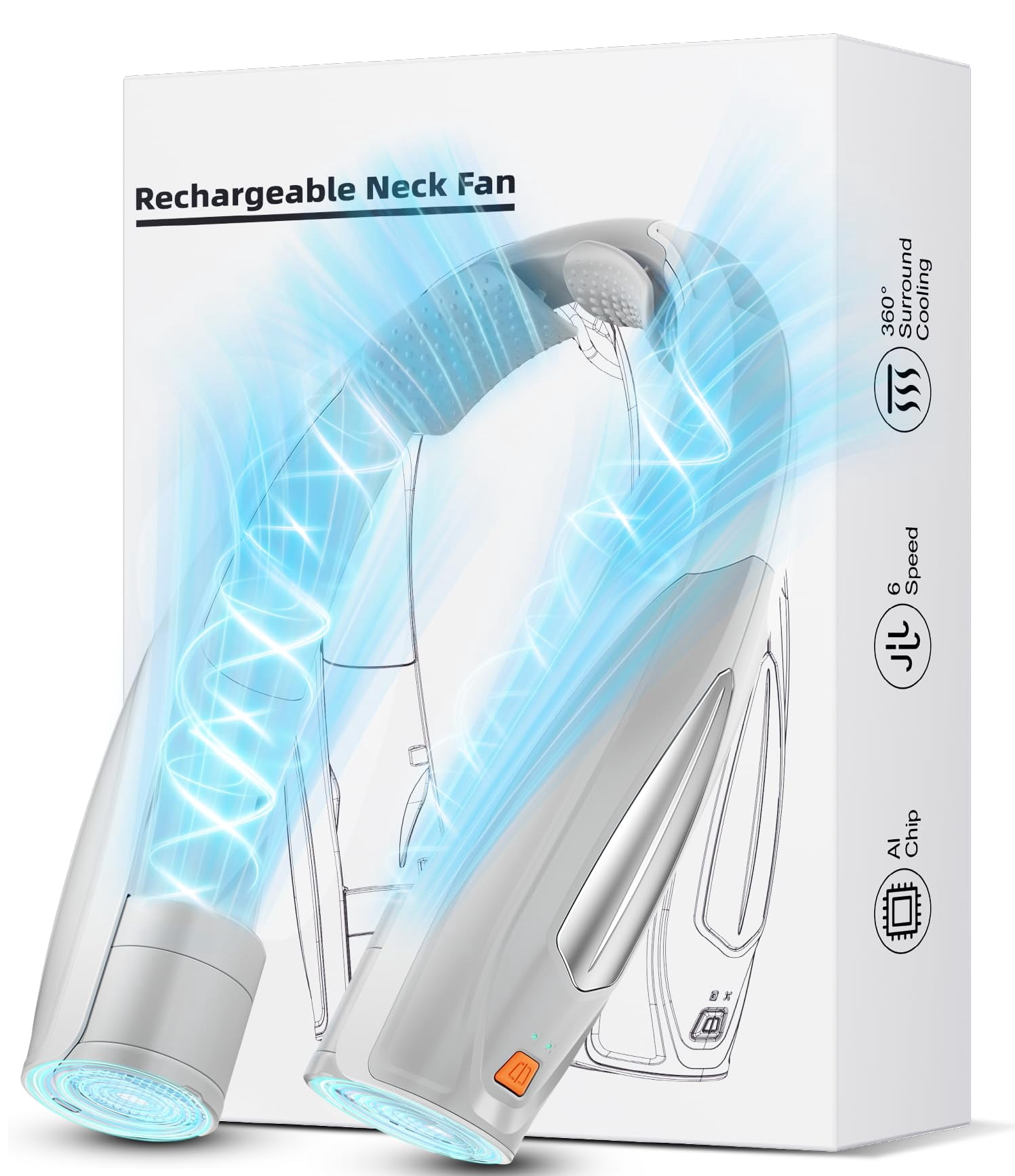 Adjustable 6-speed rechargeable wearable AI neck fan, ultra quiet for ...