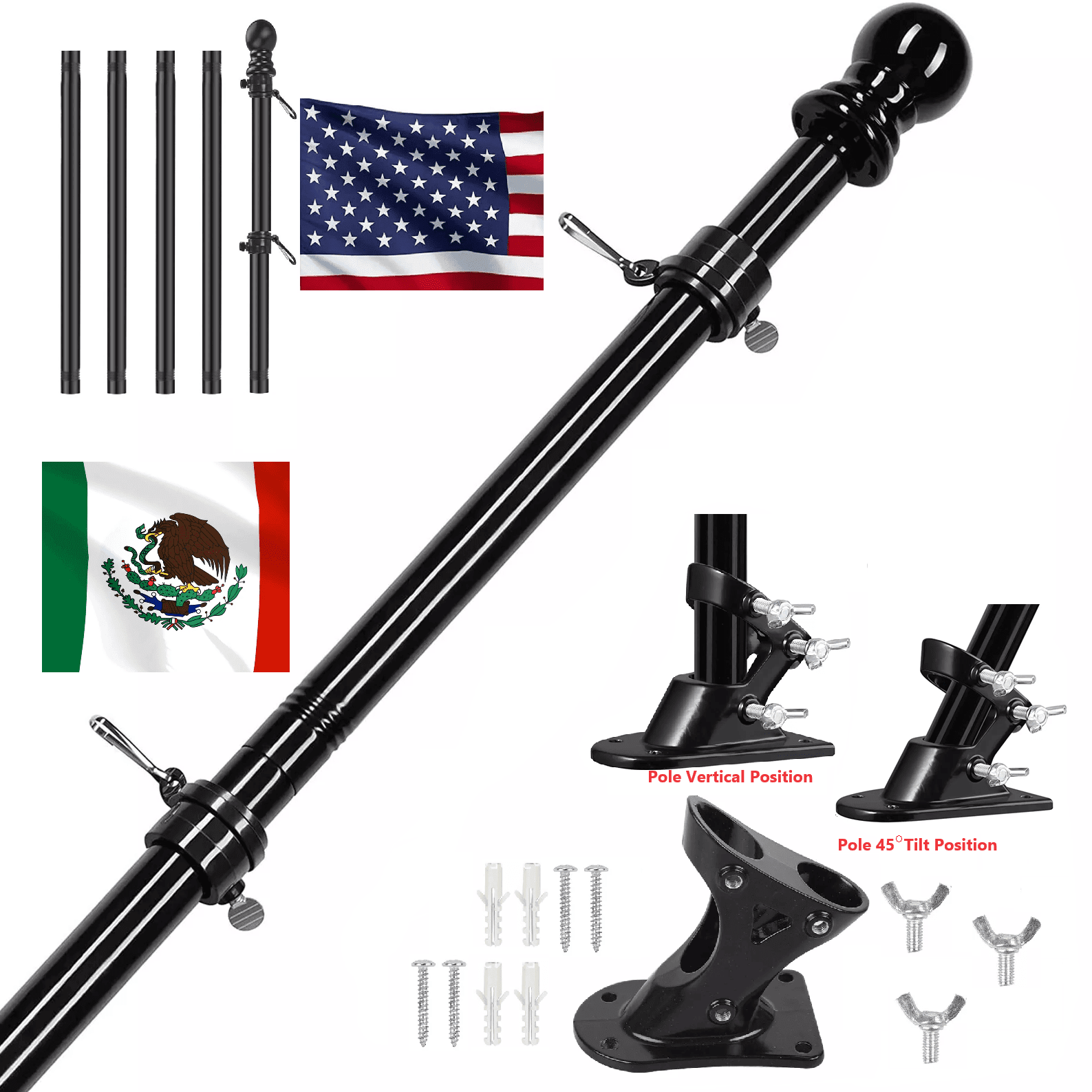 Adjustable 6FT Flagpole Kit with 360° Rotating Bracket - Black Powder ...