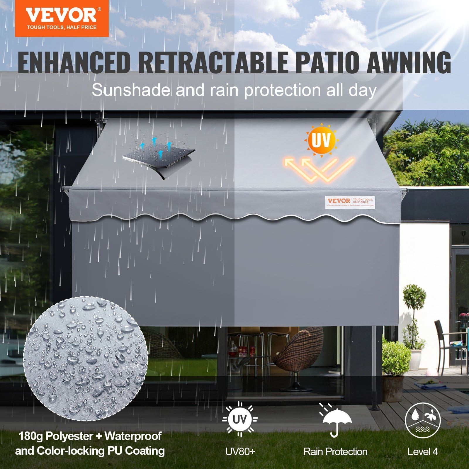 Adjustable 78" Manual Retractable Awning, Patio Sunshade Canopy with ...