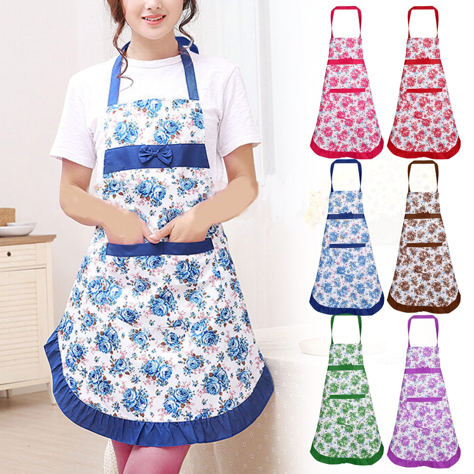 Adjustable Aprons for Women with Pockets, Lovely Cute Bow Floral Apron ...