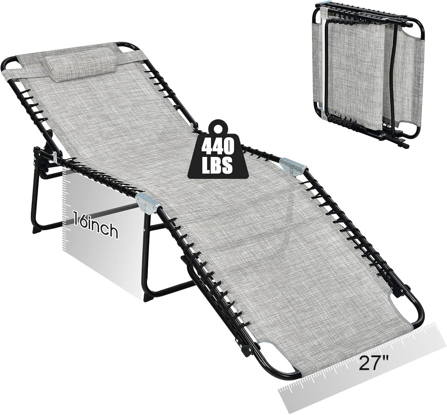 Adjustable Backrest Lounge Chair, 440lbs Heavy Duty Folding Patio ...