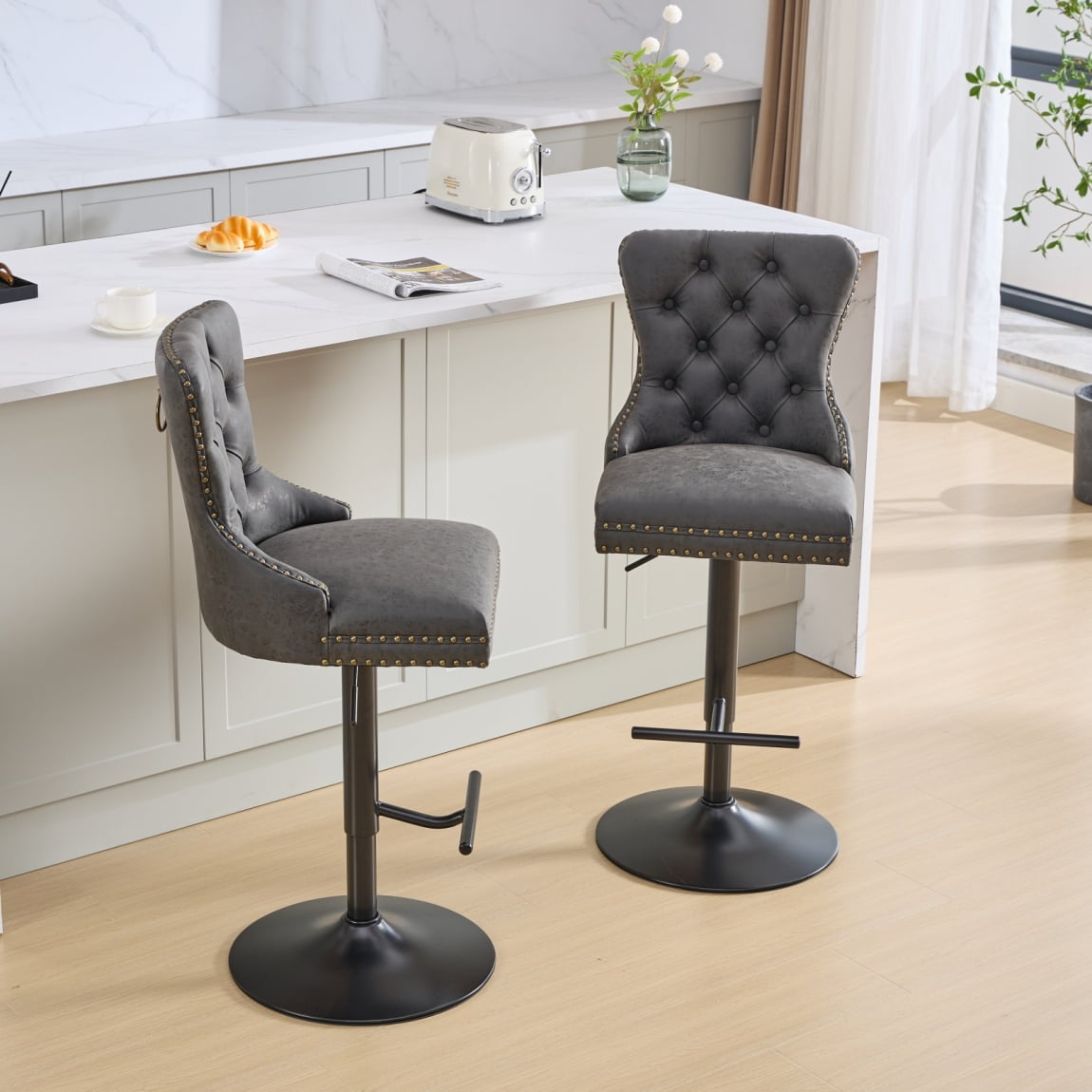 Adjustable Bar Stool, Retro PU Leather Swivel Barstools Set of 2 with ...