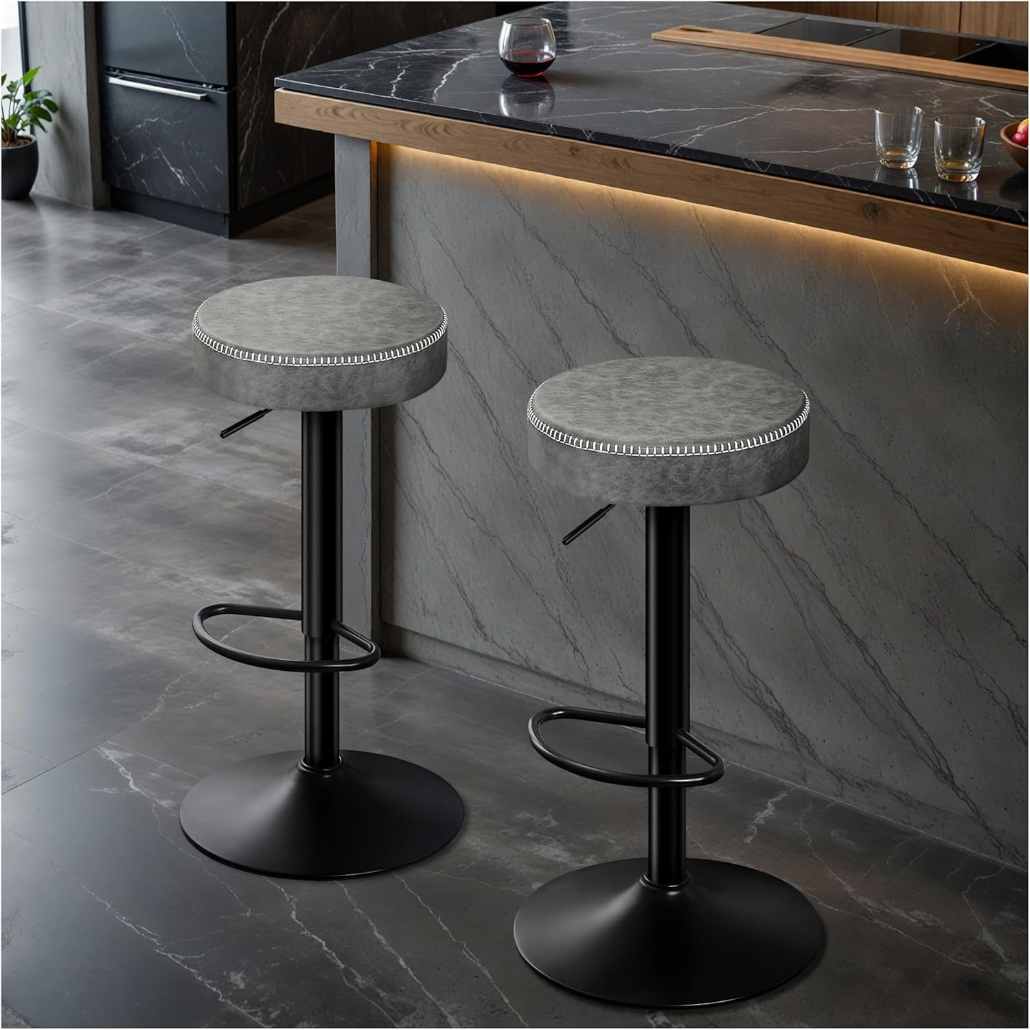 Adjustable Bar Stools Set of 2 Backless Kitchen Barstools with Round ...