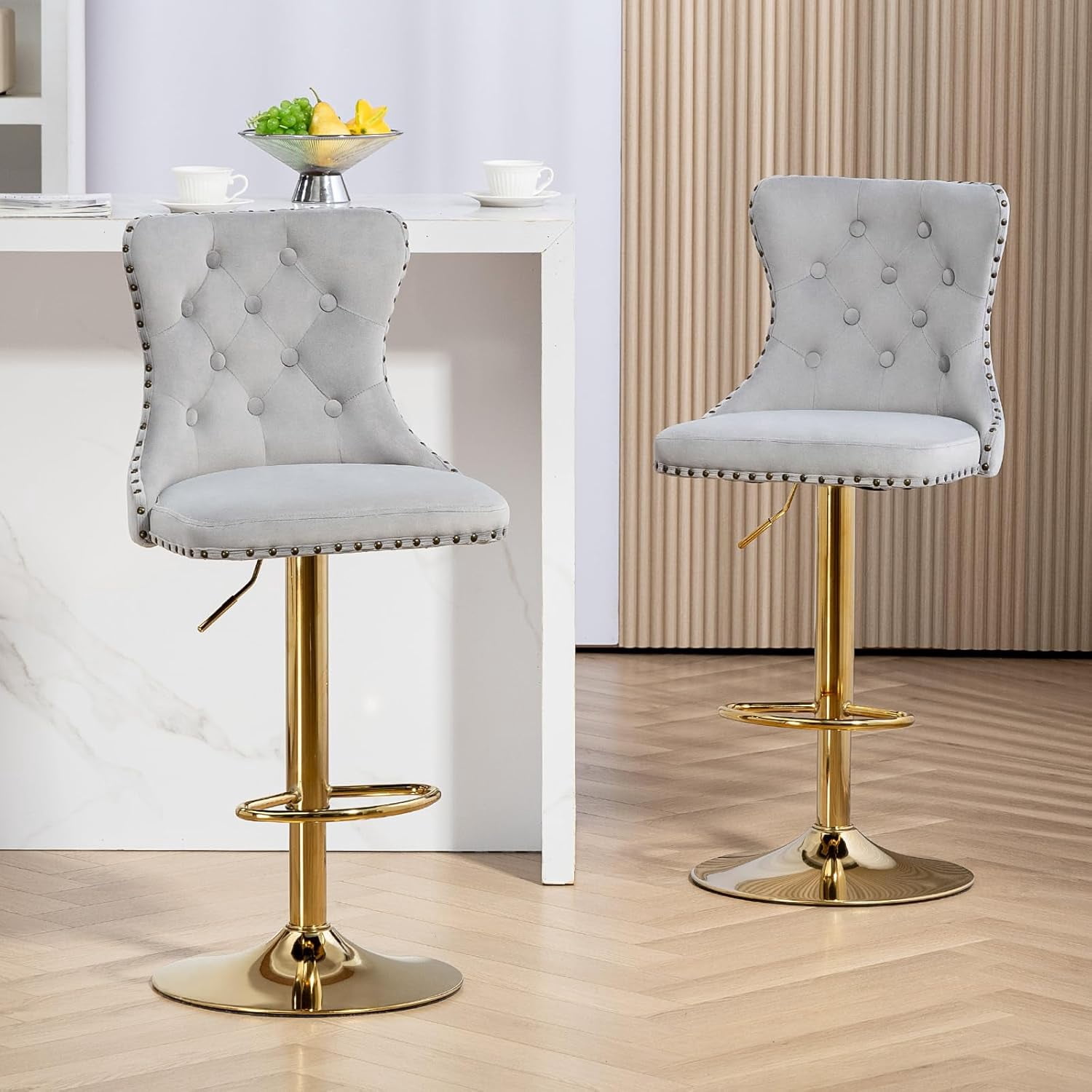 Adjustable Bar Stools Swivel Counter Stools with Footrest and Tufted ...