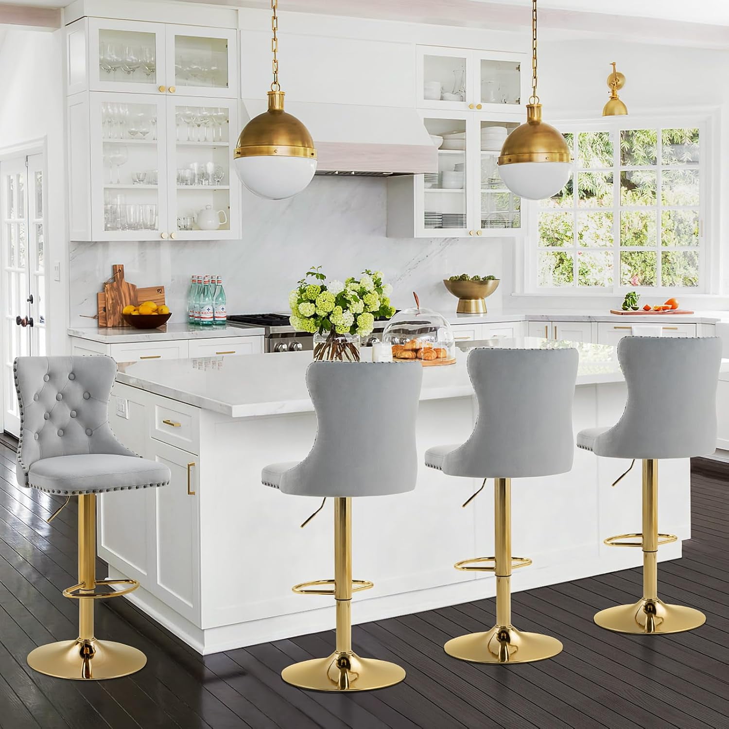 Adjustable Bar Stools Swivel Counter Stools with Footrest and Tufted ...