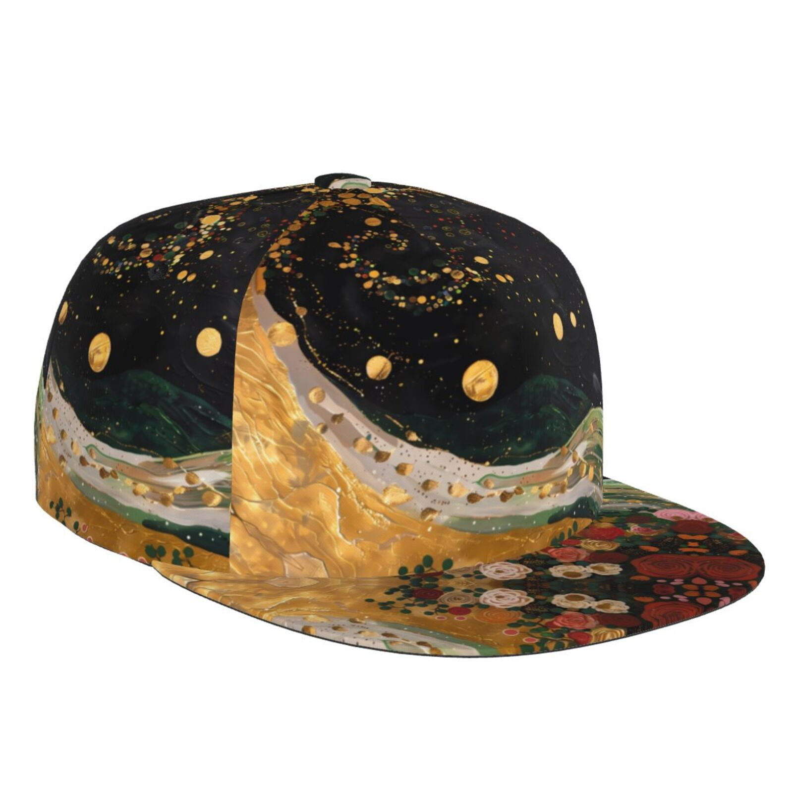 Adjustable Baseball Cap, Abstract Gold Floral Galaxy Flat Bill Trucker ...